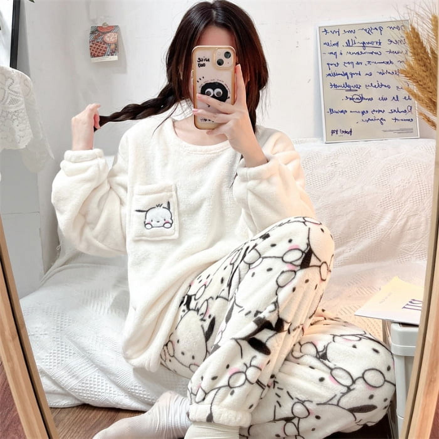 Sanrioed Cartoon Pochacco Coral Fleece Pajamas Set Anime Kawaii Spring ...