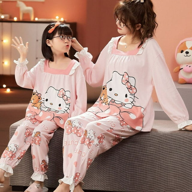 Sanrios Hello Kitty Girls' Pajamas Spring and Autumn Long Sleeved Pure ...