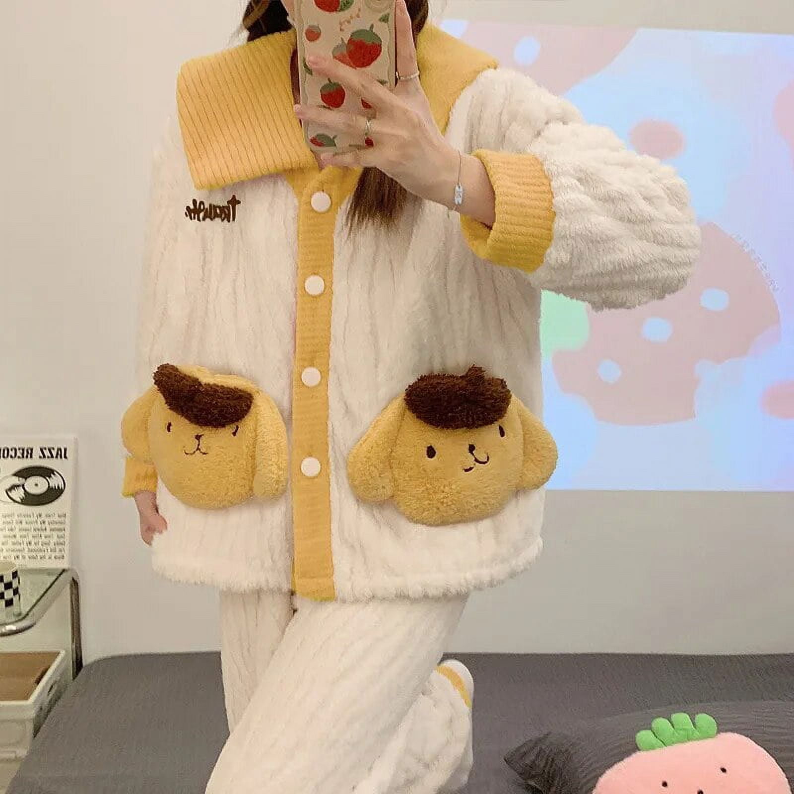 Sanrios Kuromi Pajamas Female Keep Warm Coral Fleece Autumn Winter
