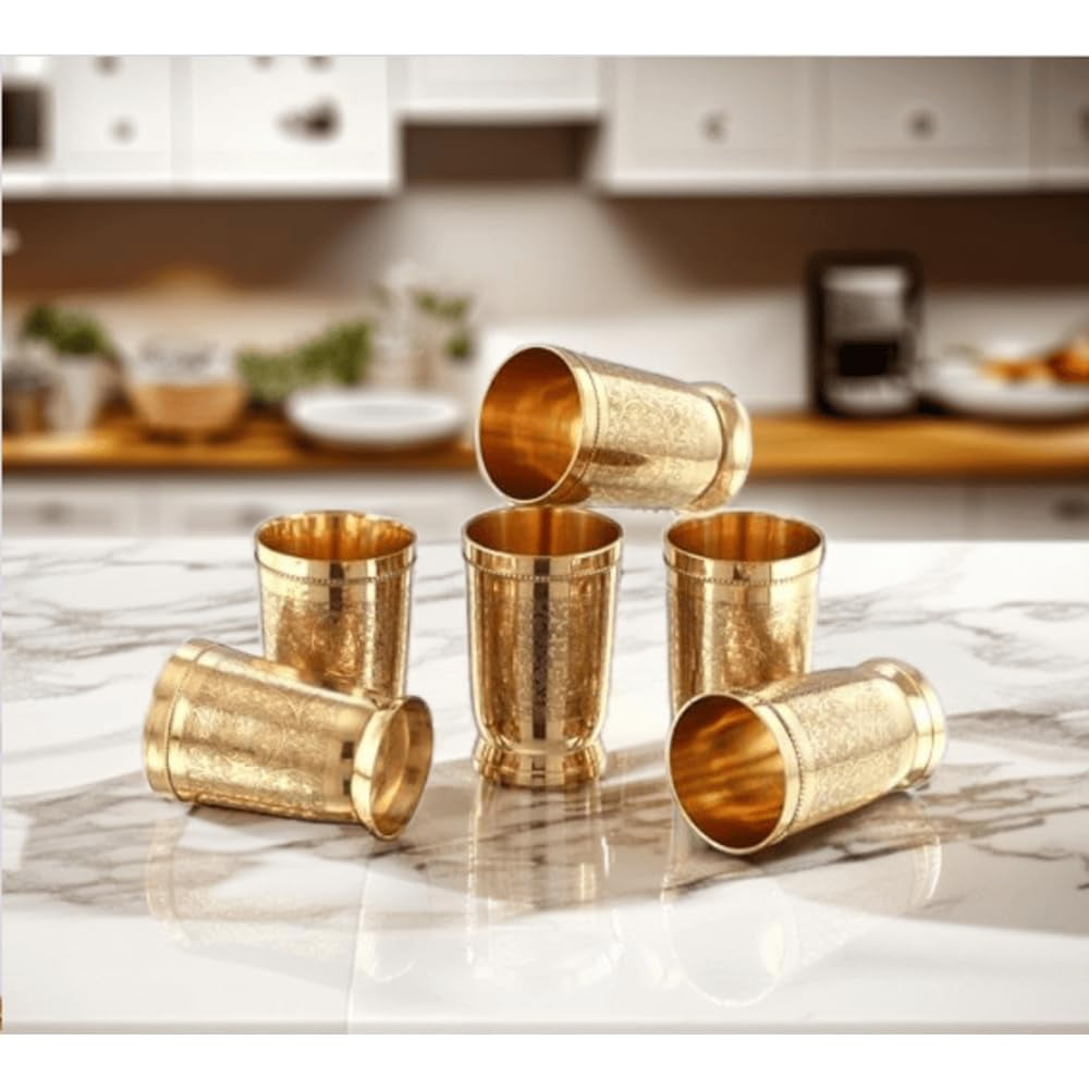 Sanskriti Decor Royal Glass Set for Water Juice Glass Water Brass Glass Set Brass Utensils Pital ...