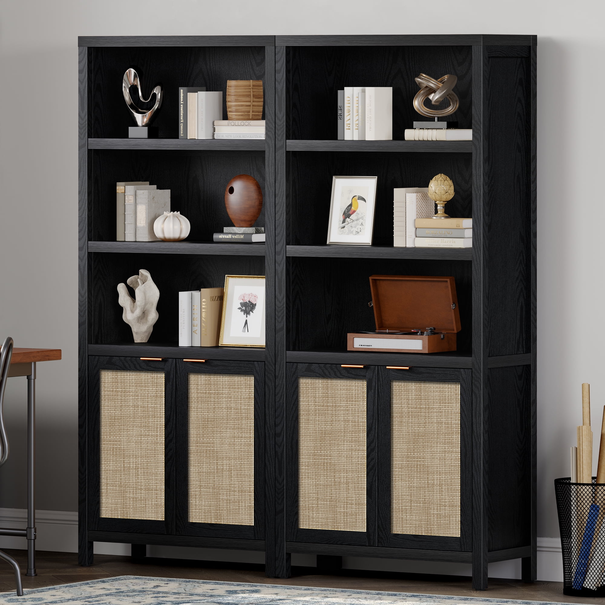 Sanspredet 5 Shelf Bookcase with Doors,Rattan Bookshelf Standing ...