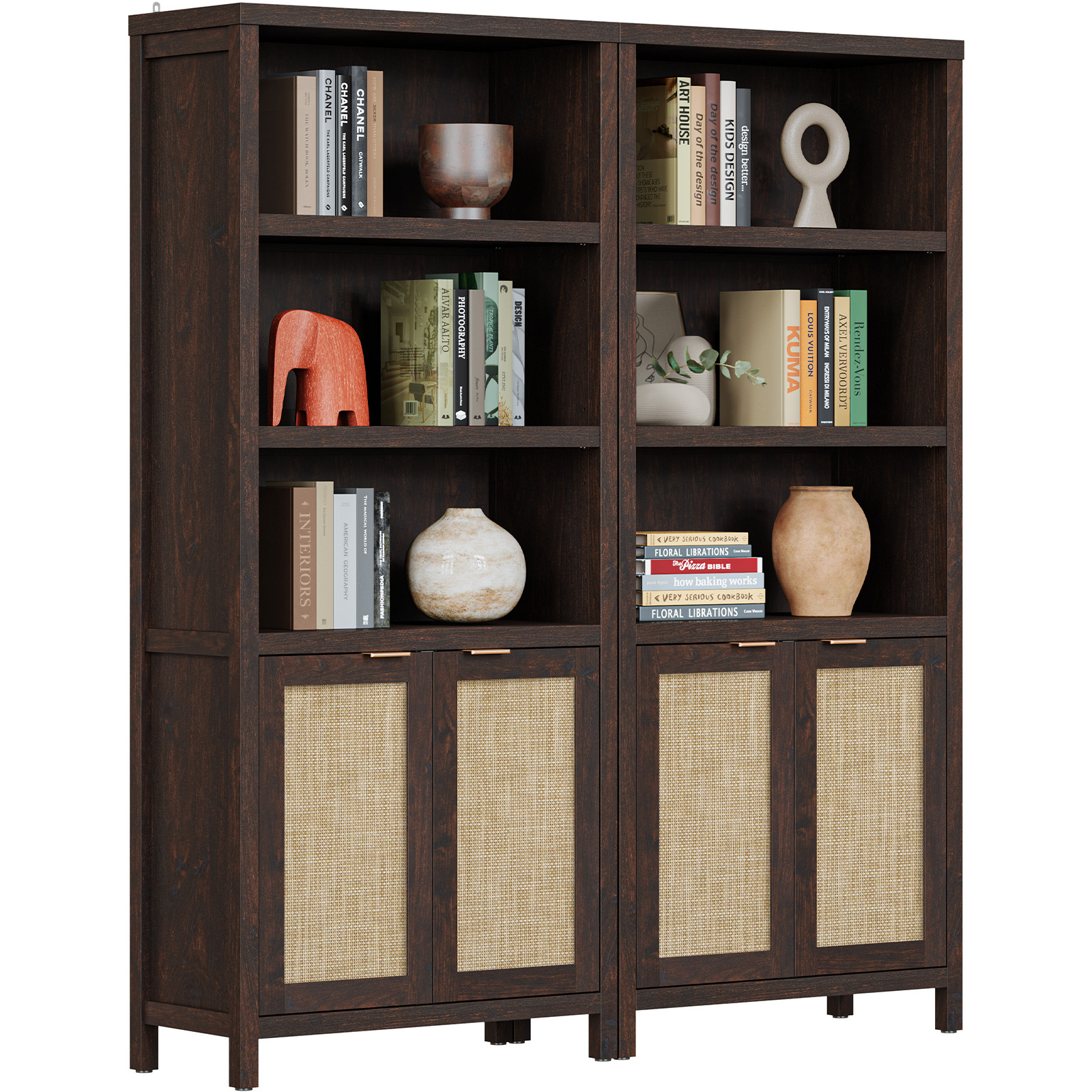 Sanspredet 5 Shelf Bookcase with Doors,Rattan Bookshelf Standing ...