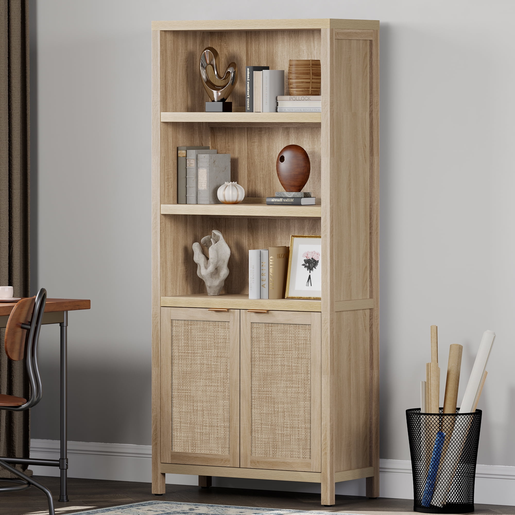 Sanspredet 5 Shelf Bookcase with Doors,Rattan Bookshelf Standing ...
