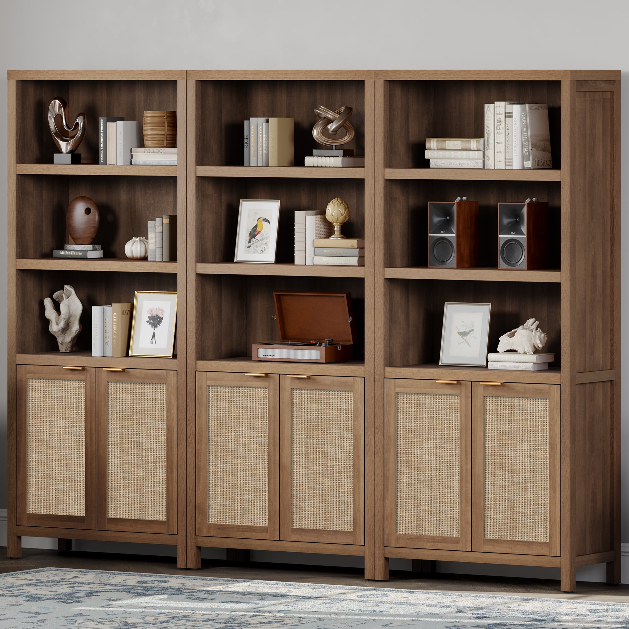 Sanspredet 5-Tier Oak Bookcase with Doors, Rattan Bookshelf with ...