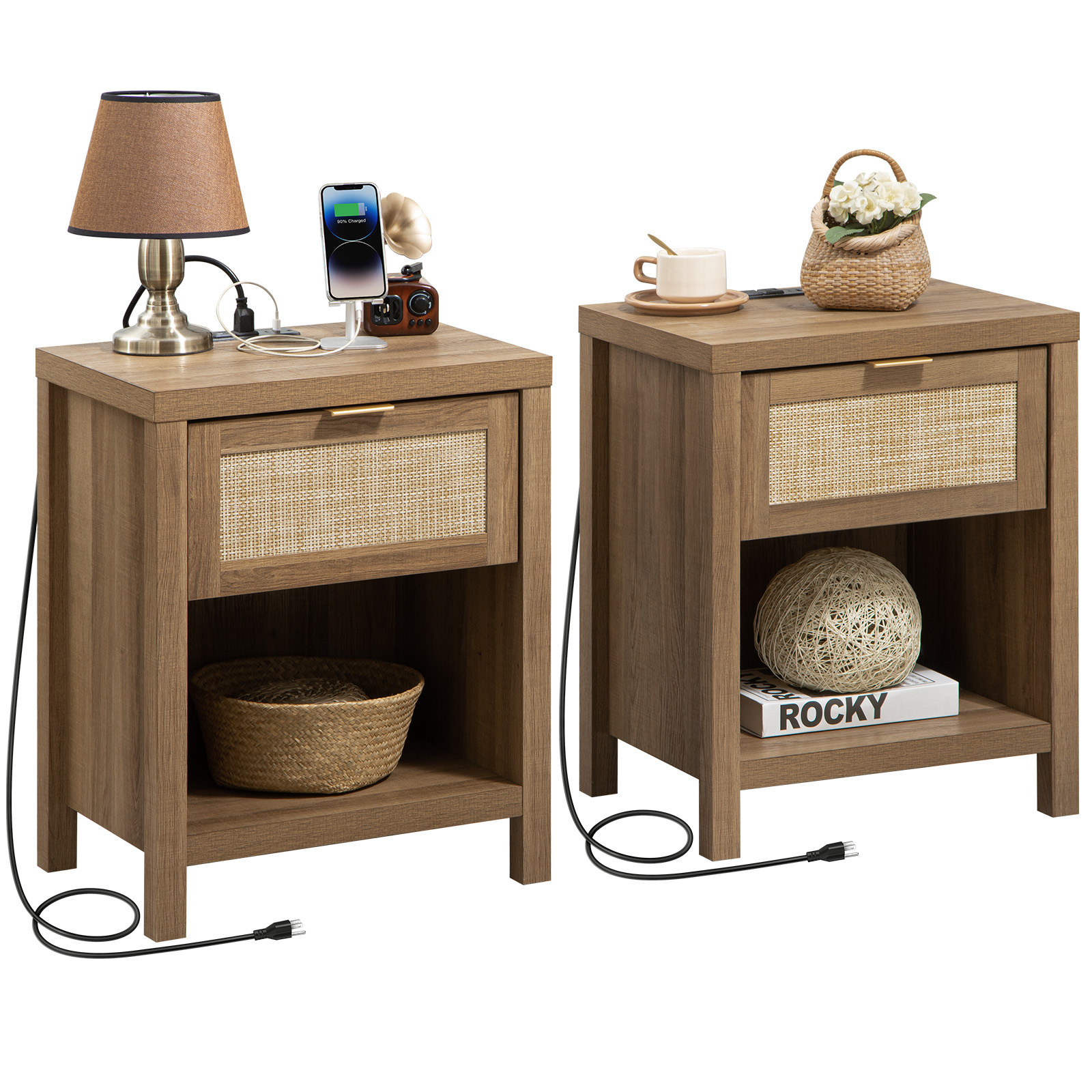 Biuhony Rattan Night Stands with Charging Station,Boho Bedside Table ...