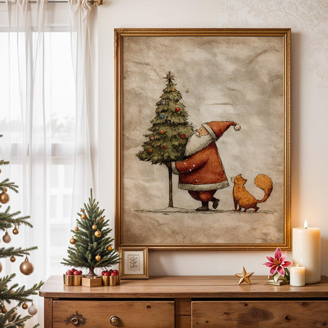Santa And Cat Winter Poster, Cozy Vintage Wall Art UNFRAMED Poster ...