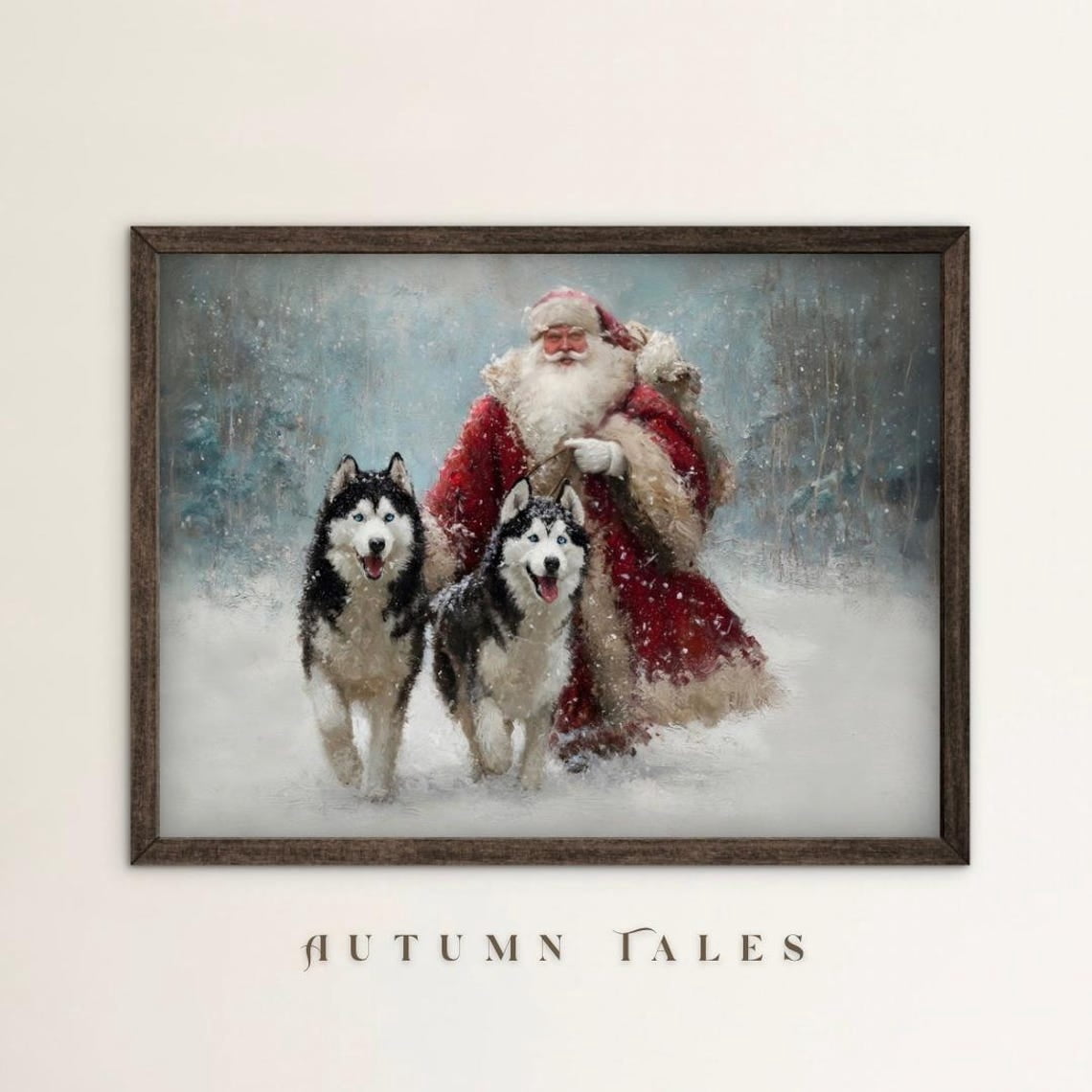 Santa And Huskies Poster Wall Art Winter Wonderland Print Rustic Forest ...