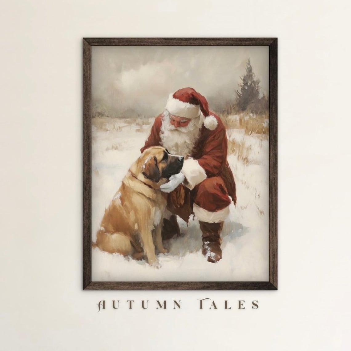 Santa And Mastiff Poster Wall Art Beige Winter Wonderland Print Cozy ...