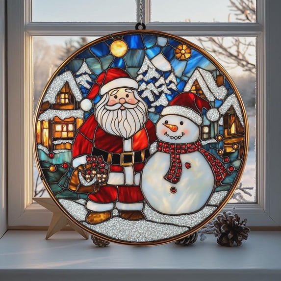 Santa And Snowman Acrylic Suncatcher And Ornament – Faux Stained Glass ...