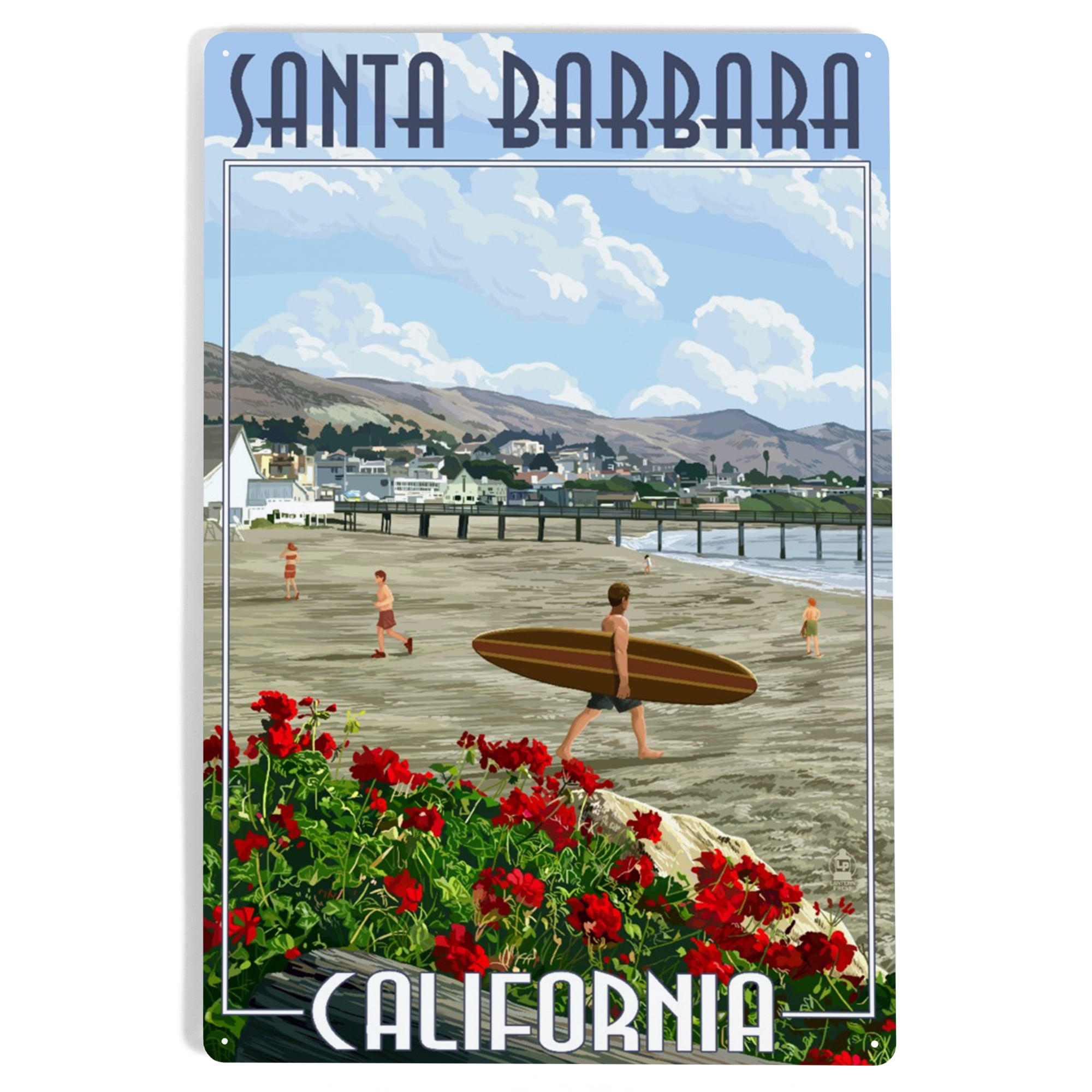 Santa Barbara, California, Beach and Pier Scene (12x18 Aluminum Art ...