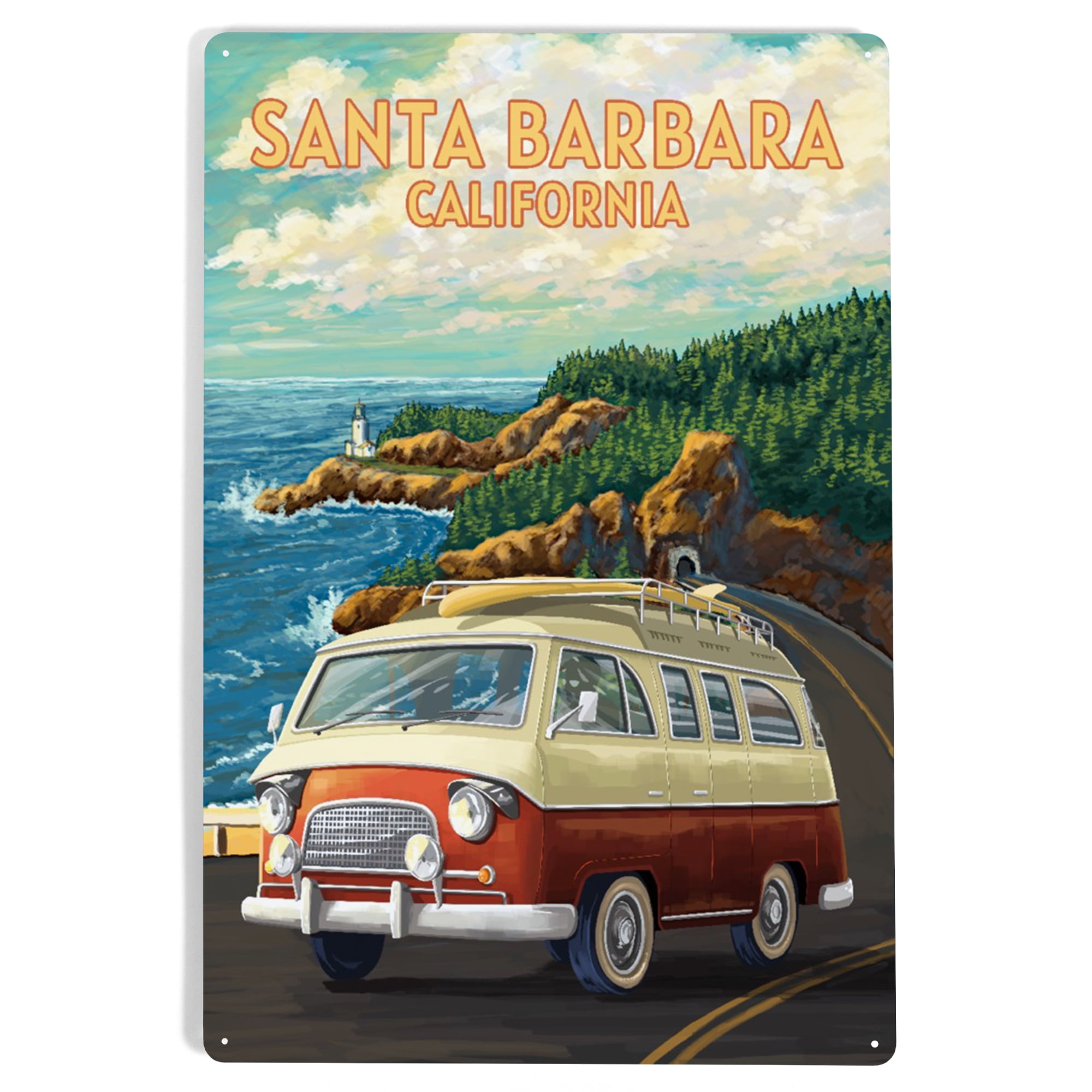 Santa Barbara, California, Camper Van, Coast Line (12x18 Aluminum Art ...