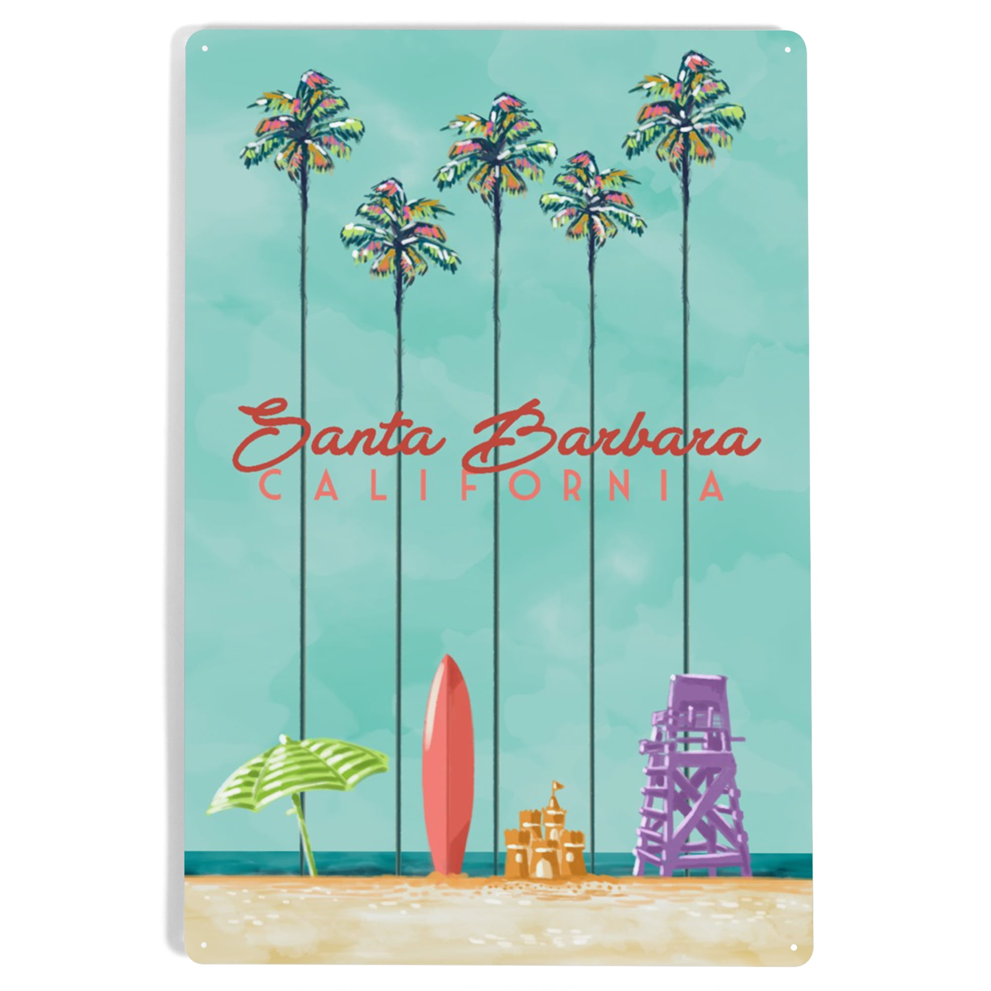 Santa Barbara, California, Tall Palms Beach Scene (12x18 Aluminum Art ...