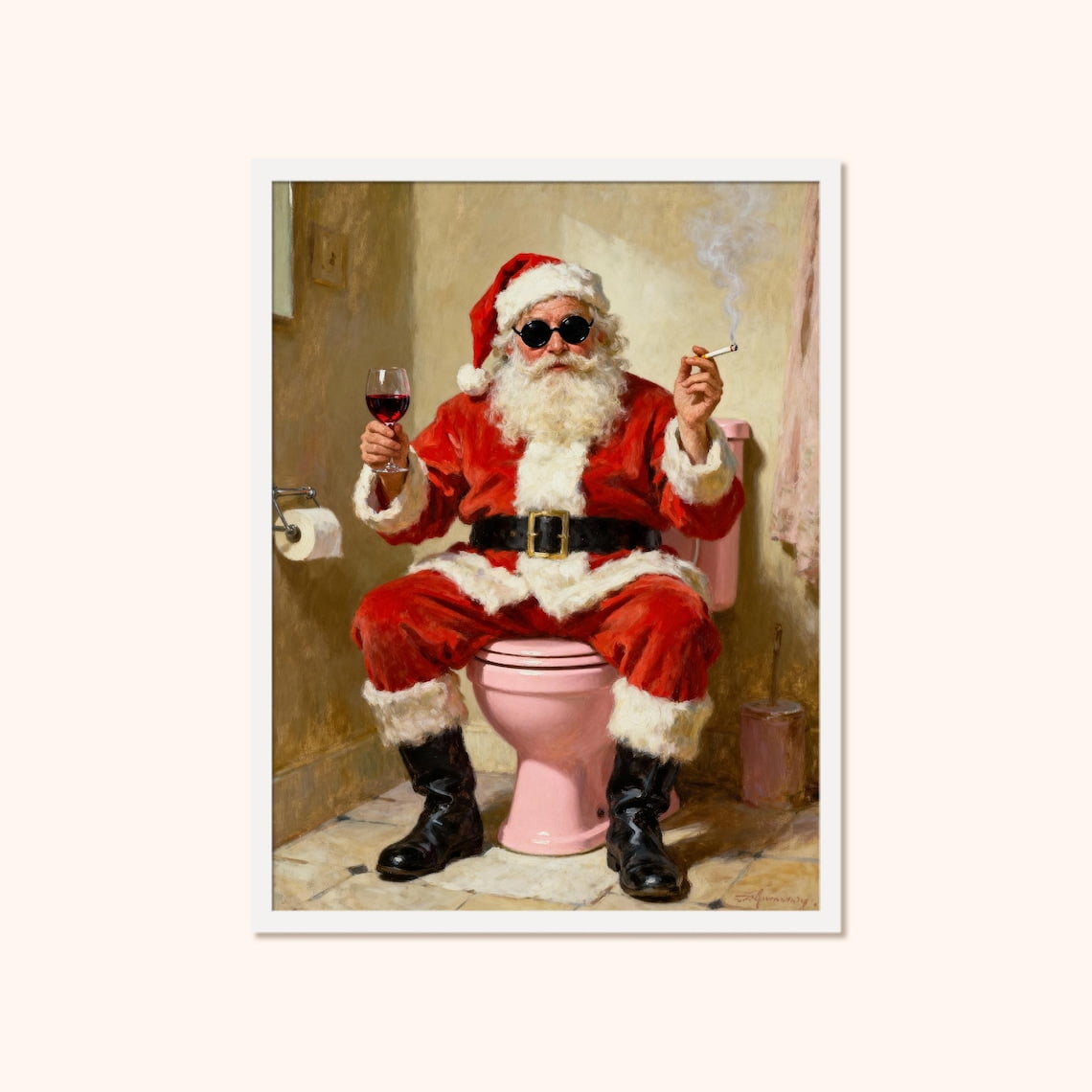 Santa Bathroom Wall Art, Santa On Pink Tet Poster, Unframed Poster Size ...