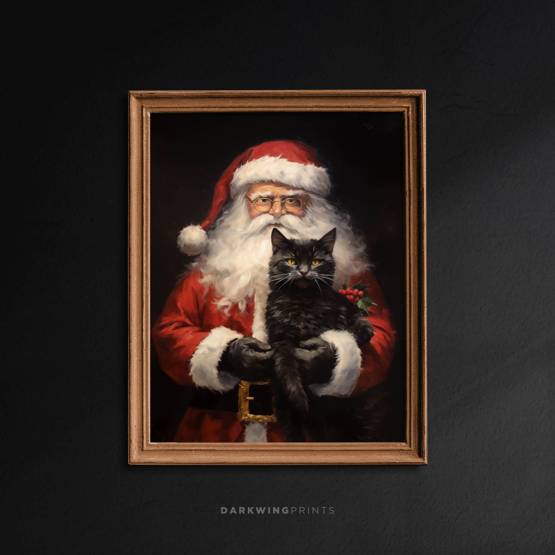Santa With Black Cat, Winter Animal Love, Decor Print, Vintage Art ...
