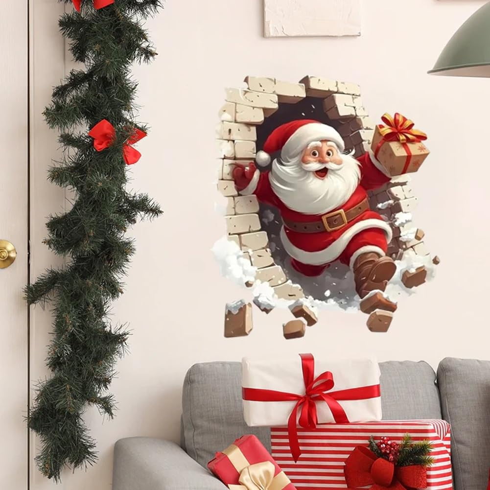 Santa Breakthrough Wall Sticker, Santa Claus Broken Wall Cartoon Design ...
