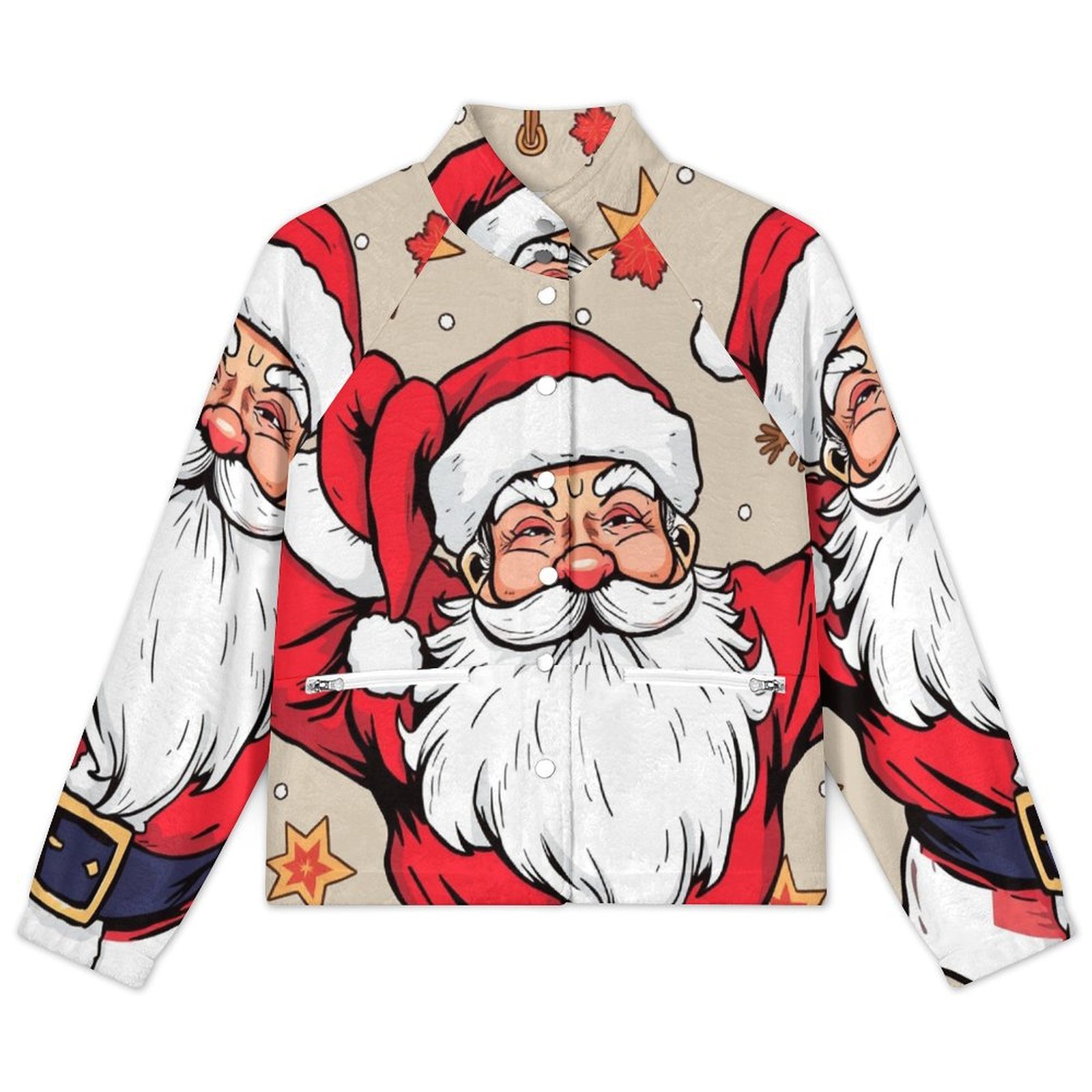 Santa Christmas Cheer Warm Women's Plush Jacket Stand Collar Full ...