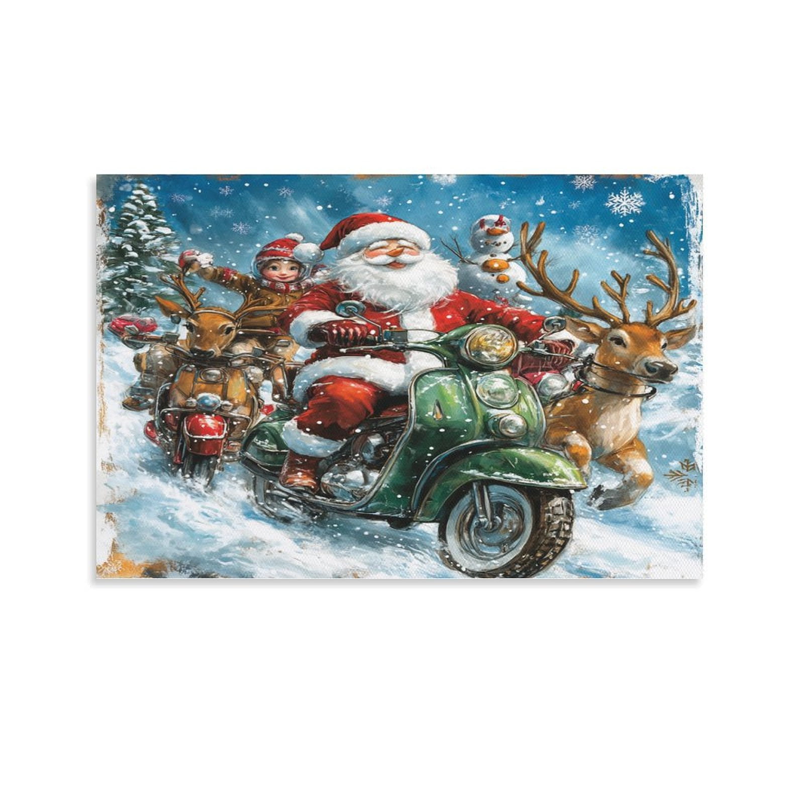 Santa on Christmas Motorcycle Artwork Print Painting 24x36inch Canvas ...