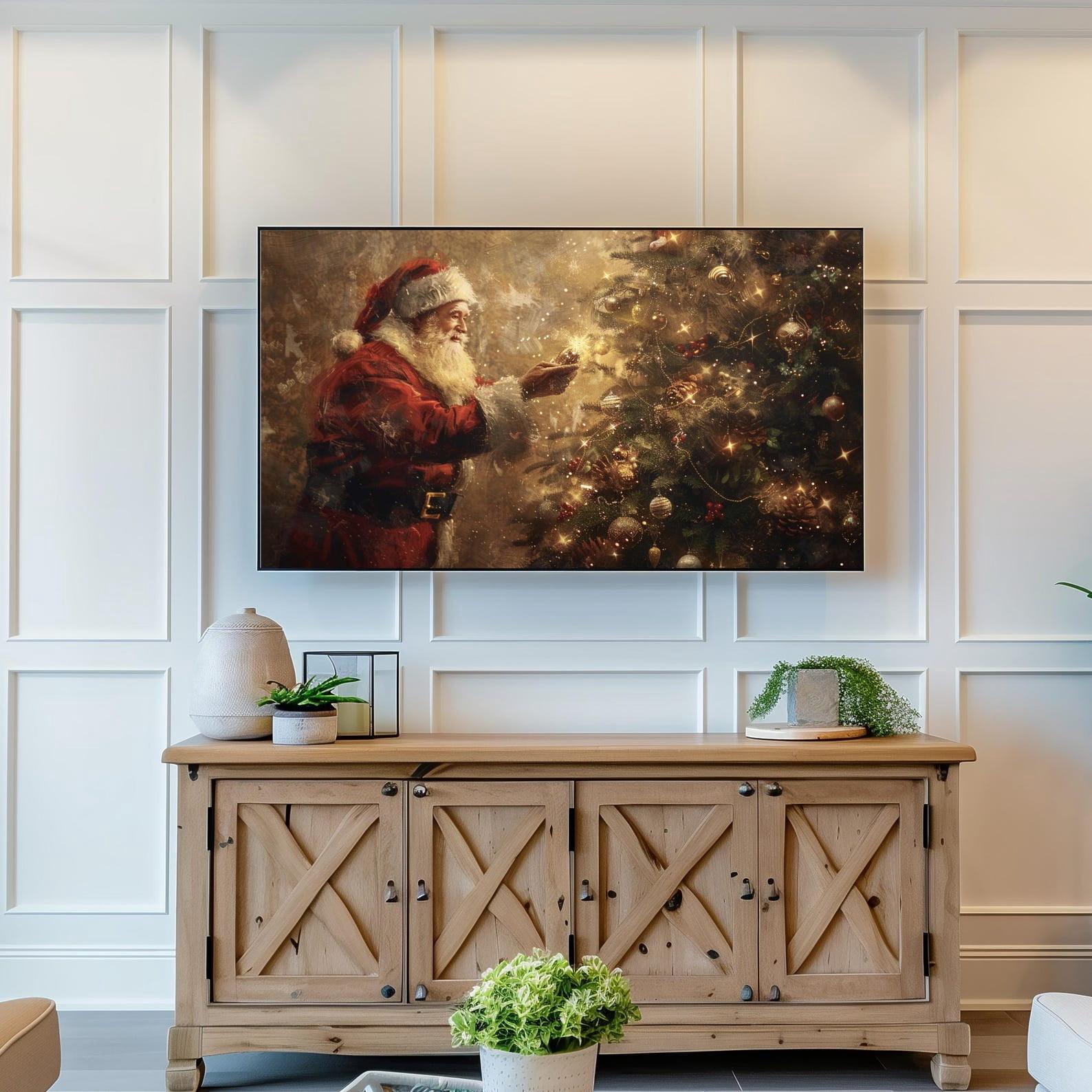Santa Christmas Tree Frame Tv Art, Dark Vintage Holiday Santa Claus ...