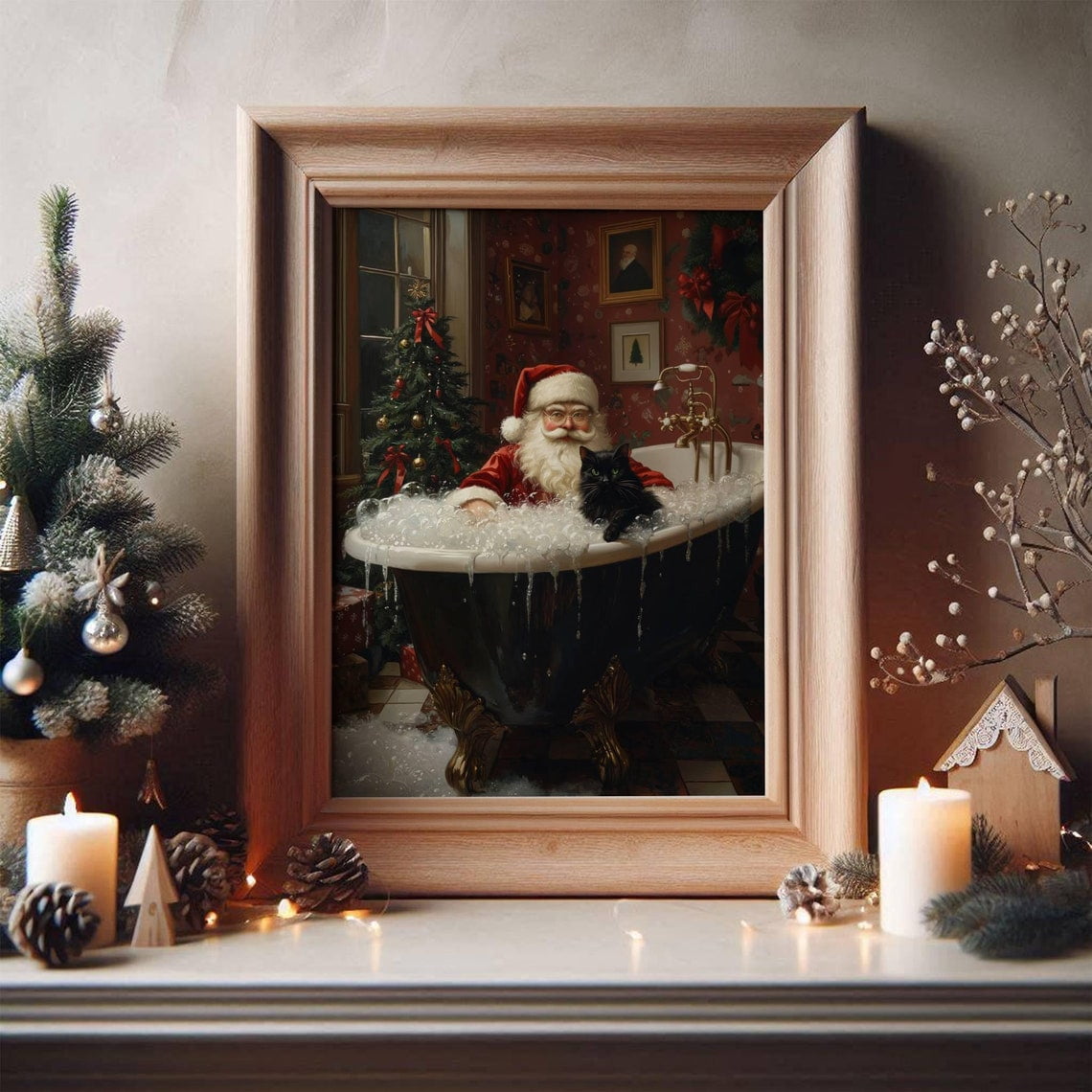Santa Claus And Black Cat In Bathtub Poster, Cat Wall Art, Festivehome ...