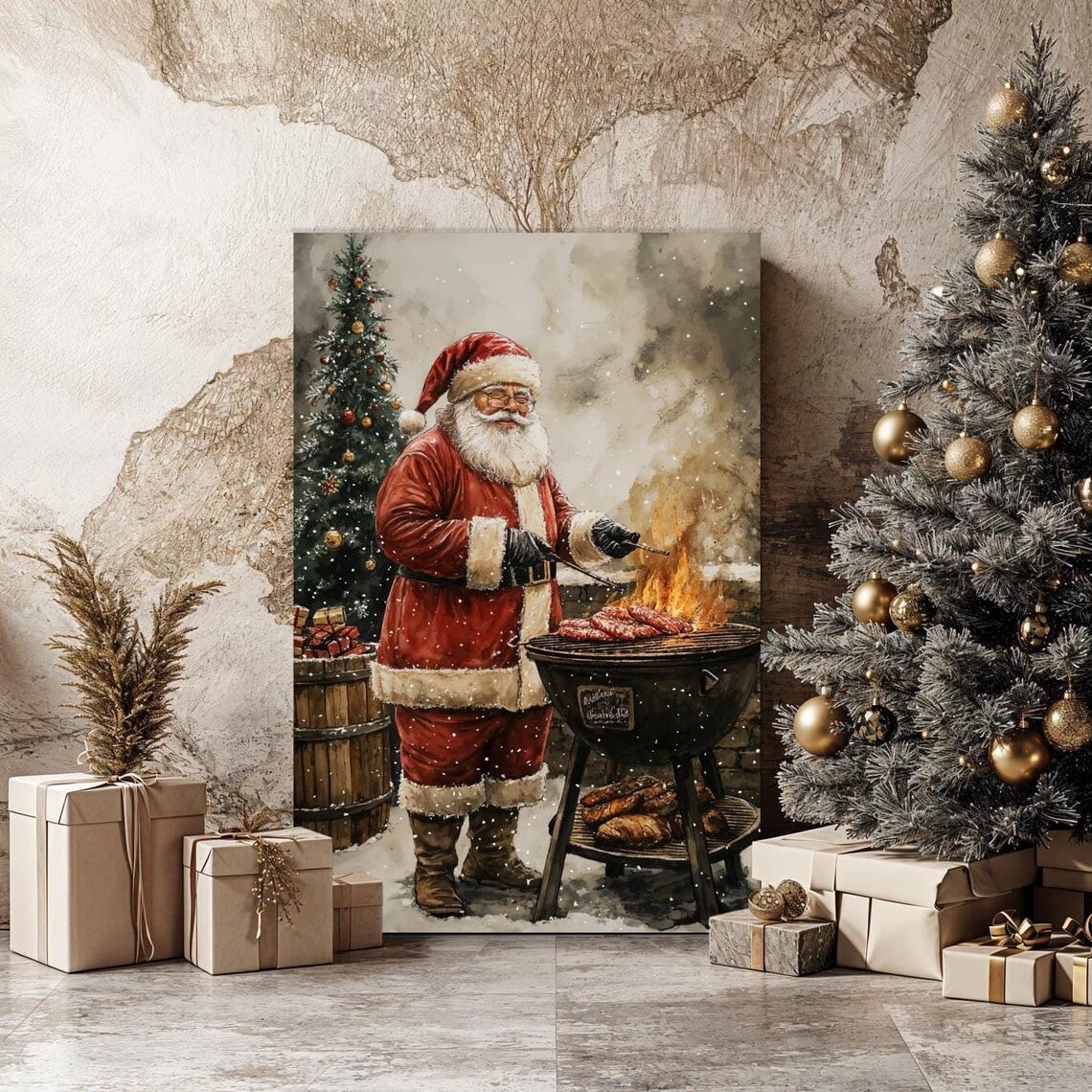 Santa Claus Bbq Wall Art Winter Barbecue Poster Fun Winter Wall Decor ...