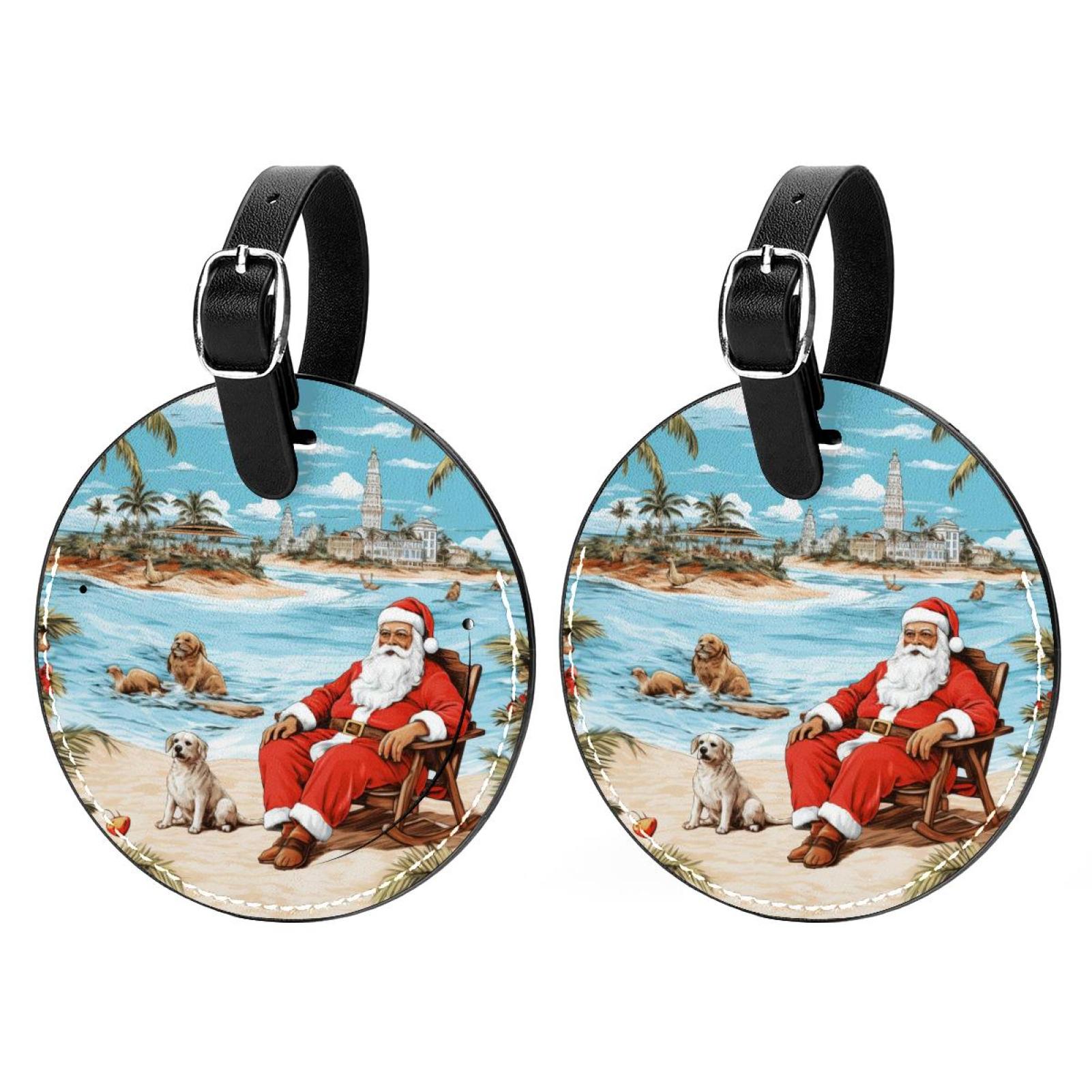 Santa Claus Beach Vacation Set of 2pcs PU Leather Round Suitcase Tags ...