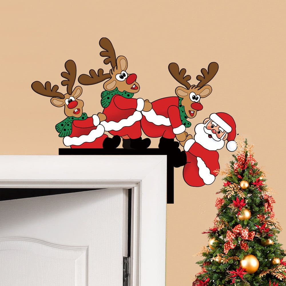 Santa Claus Elk Door Frame Corner Xmas Wooden Reindeer Door Frame Sign ...