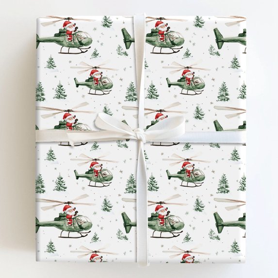 Santa Claus Flying Helicopter and Pine Trees Christmas Wrapping Paper ...