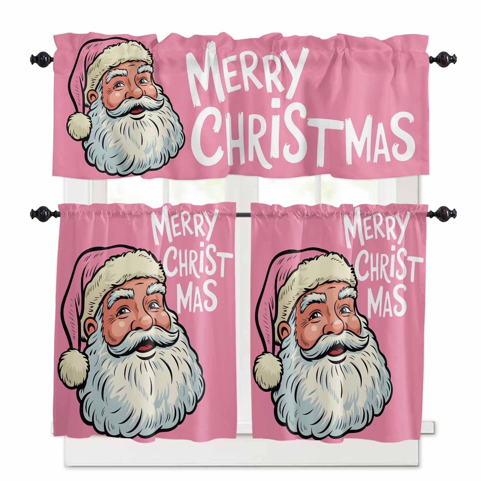 Santa Claus with Hat Kitchen Curtains Valances and Tiers Set of 3 Merry ...