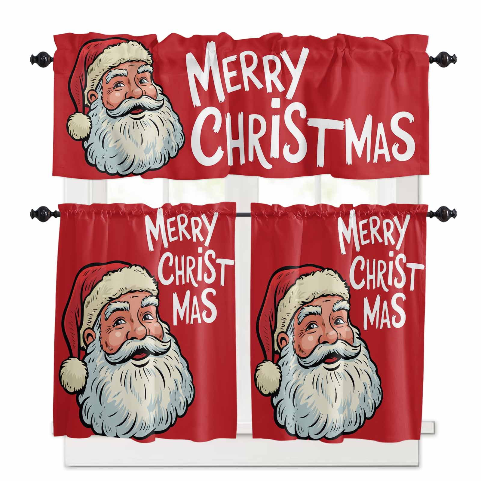 Santa Claus with Hat Kitchen Curtains Valances and Tiers Set of 3 Merry ...