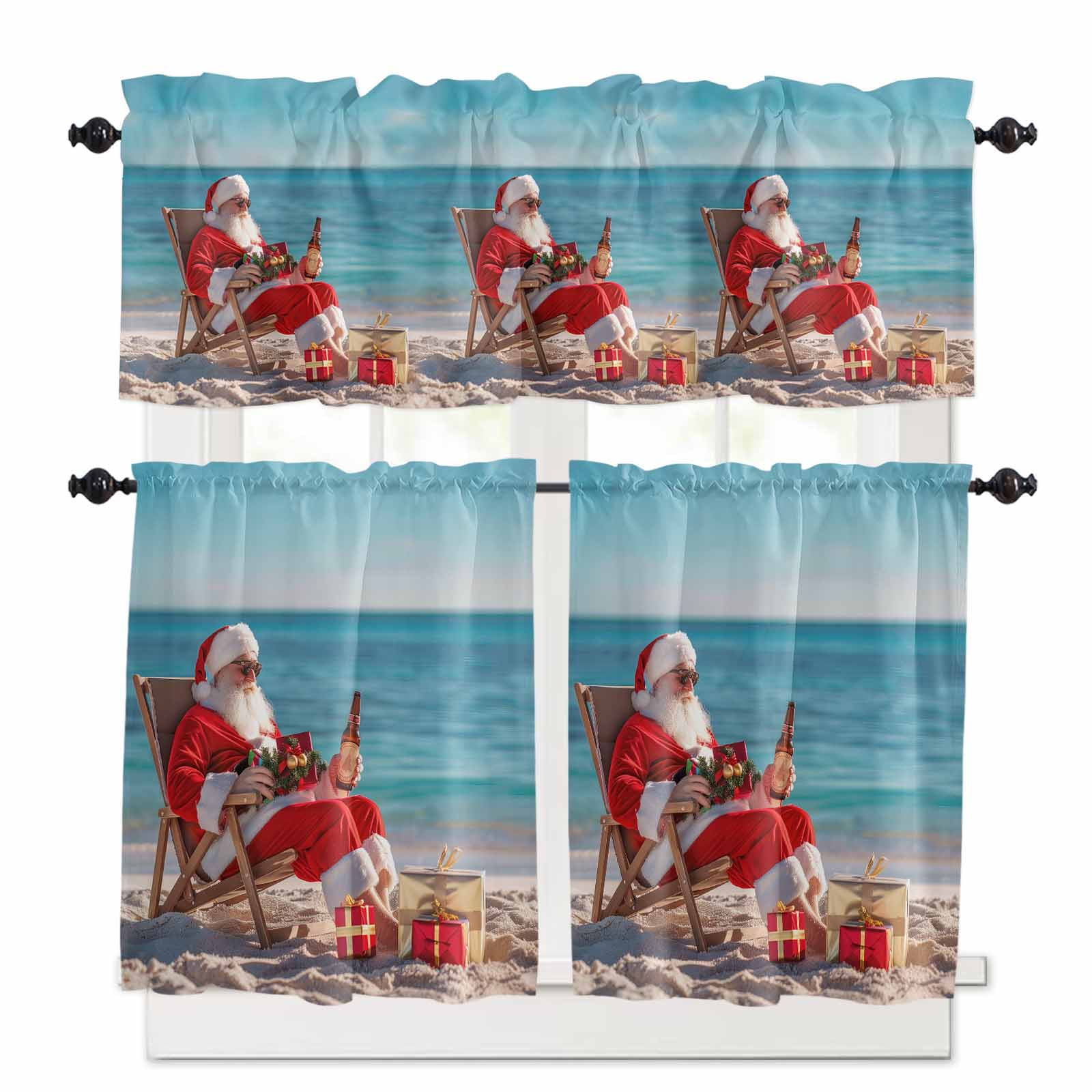 Santa Claus Kitchen Curtains and Valances Set, Christmas Beach Ocean ...
