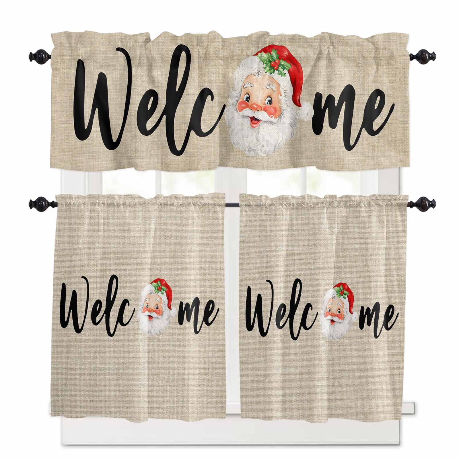 Santa Claus Kitchen Curtains and Valances Set, Christmas Welcome Linen ...