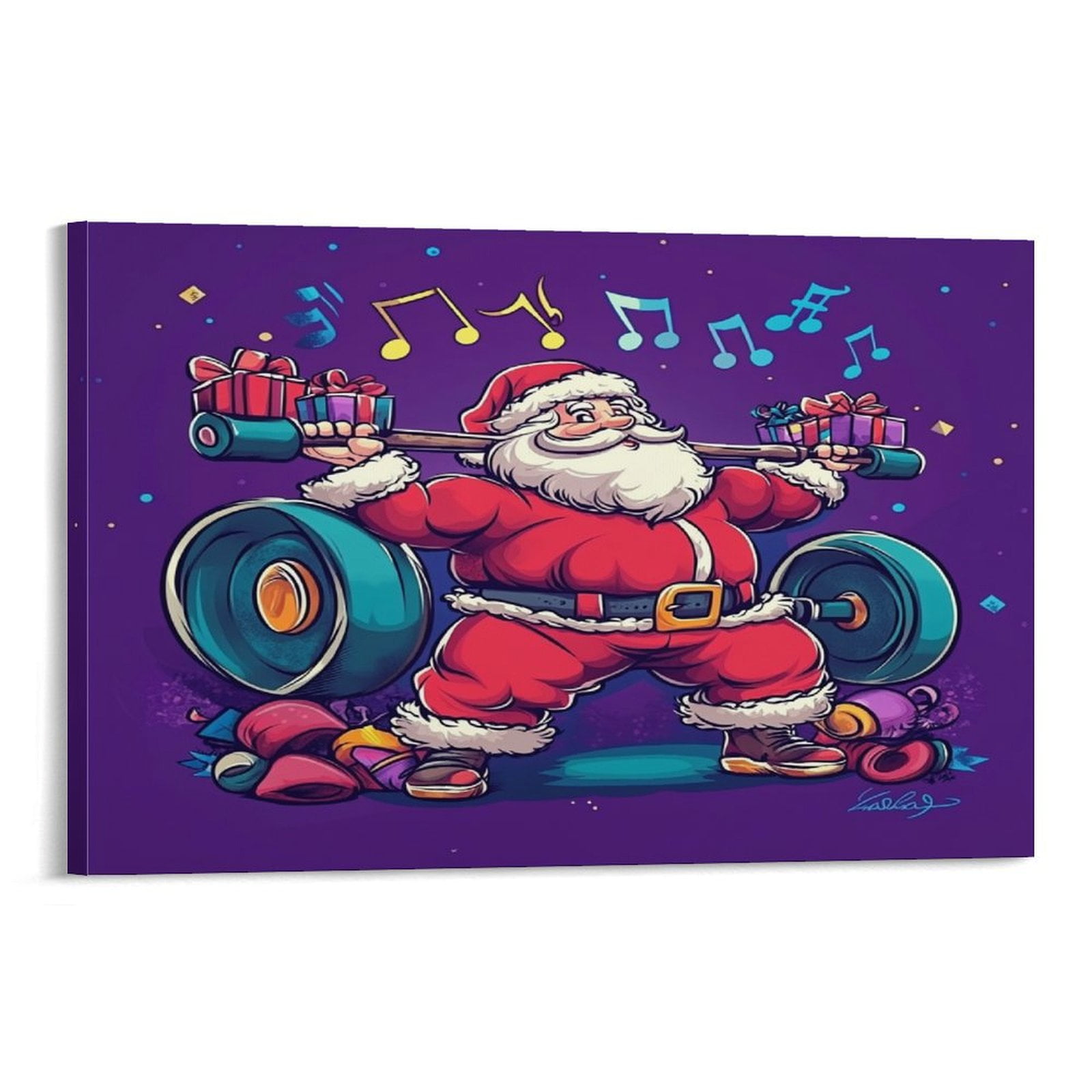 Santa Claus Lifting Weights with Gifts Artwork Wall Art For Kitchen ...