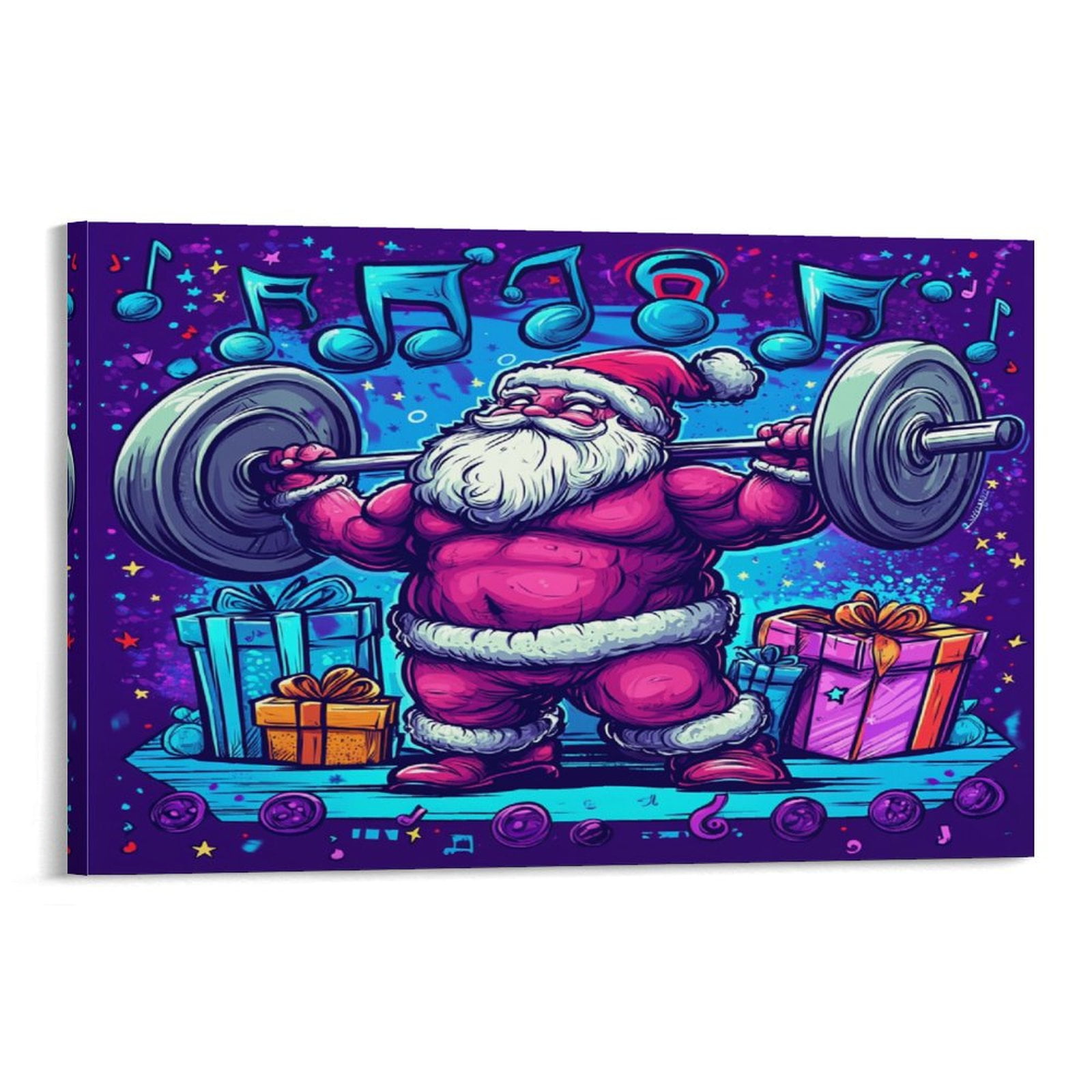 Santa Claus Lifting Weights with Gifts Poster Wall Art Decor Print ...