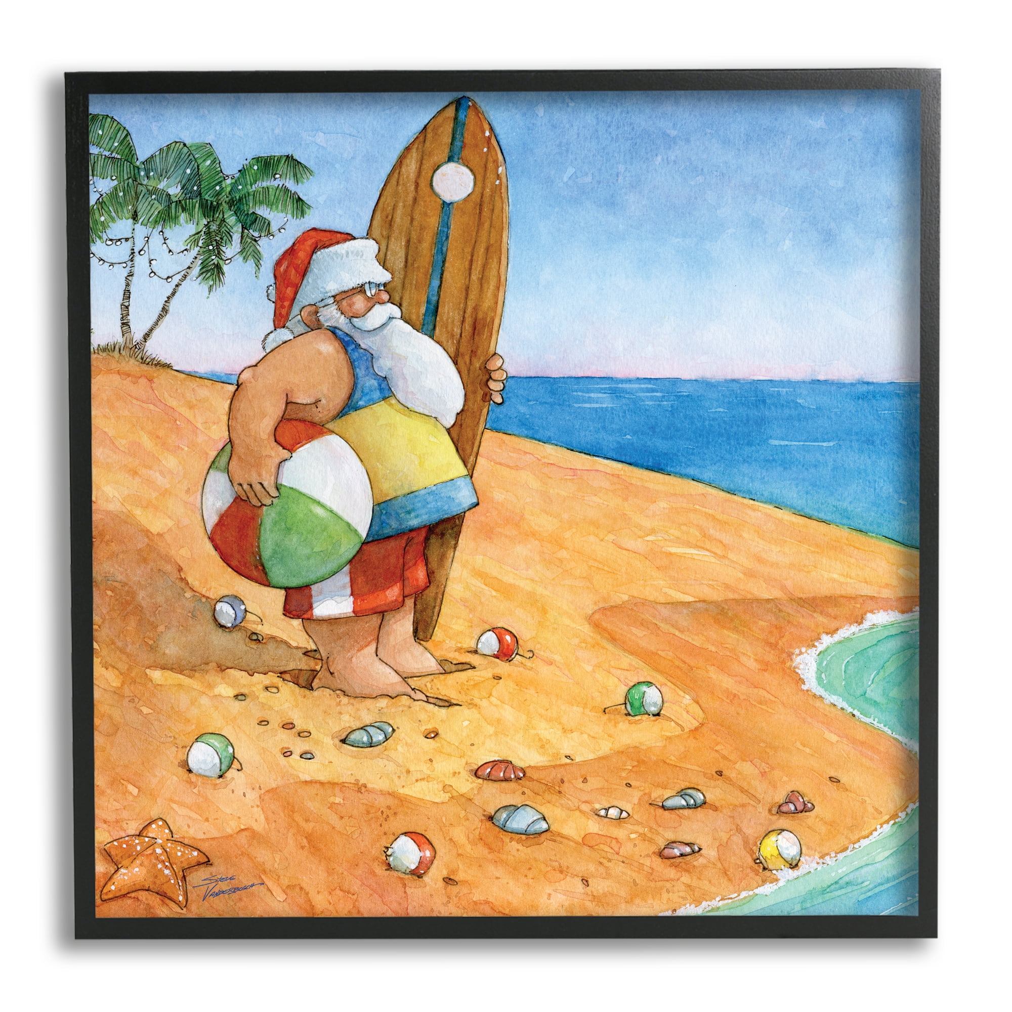 Santa Claus On Beach Surf Board Tropical Christmas Holiday Painting ...