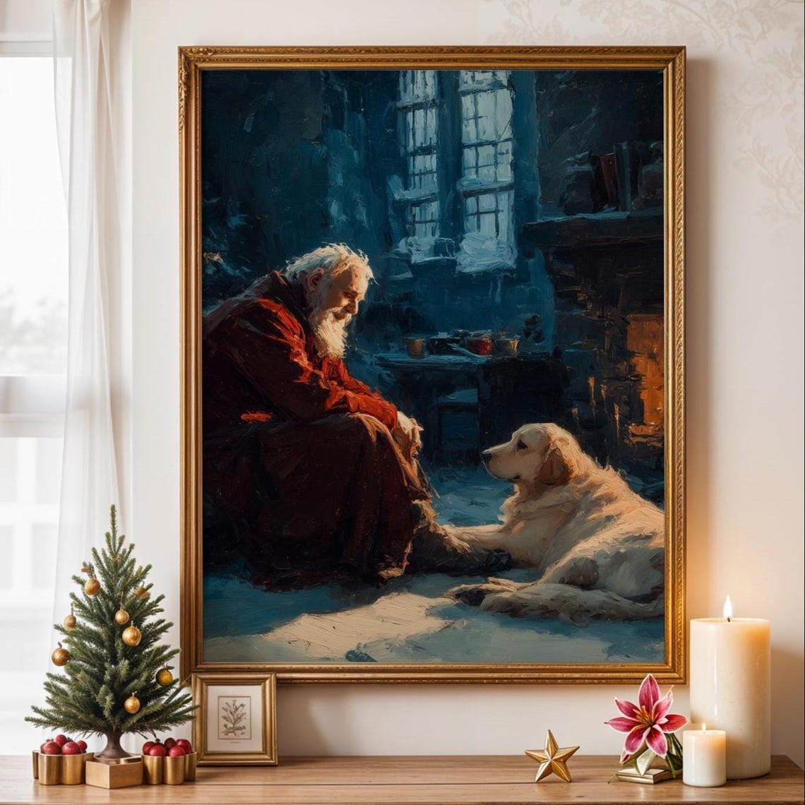 Santa Claus Poster – Fireplace, Dog Winter Scene Poster, Festive Wall ...