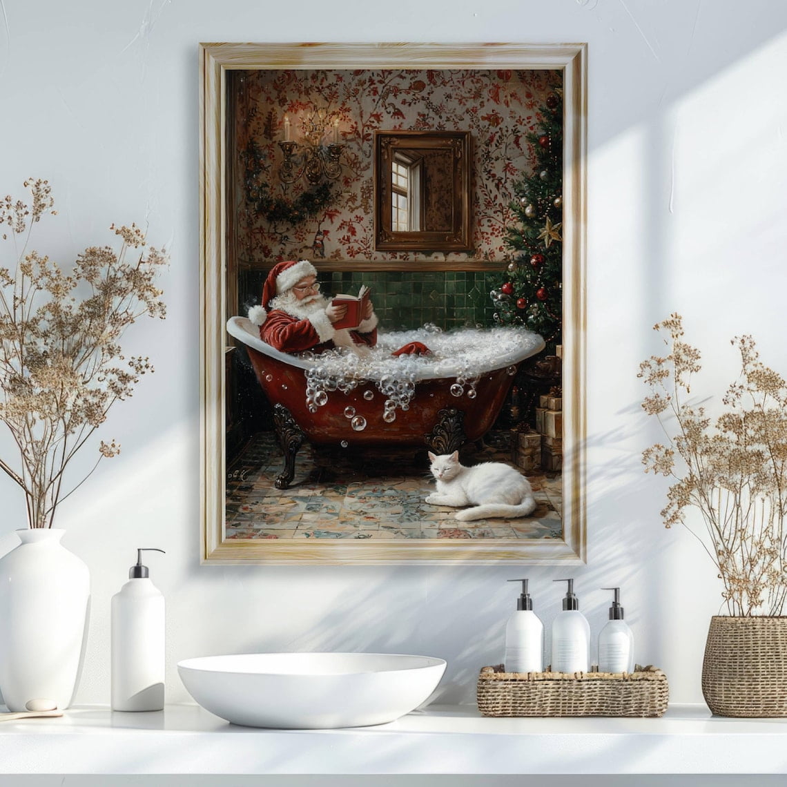 Santa Claus Reading In Bathtub Poster, Cat Wall Art, Festivehome Decor ...
