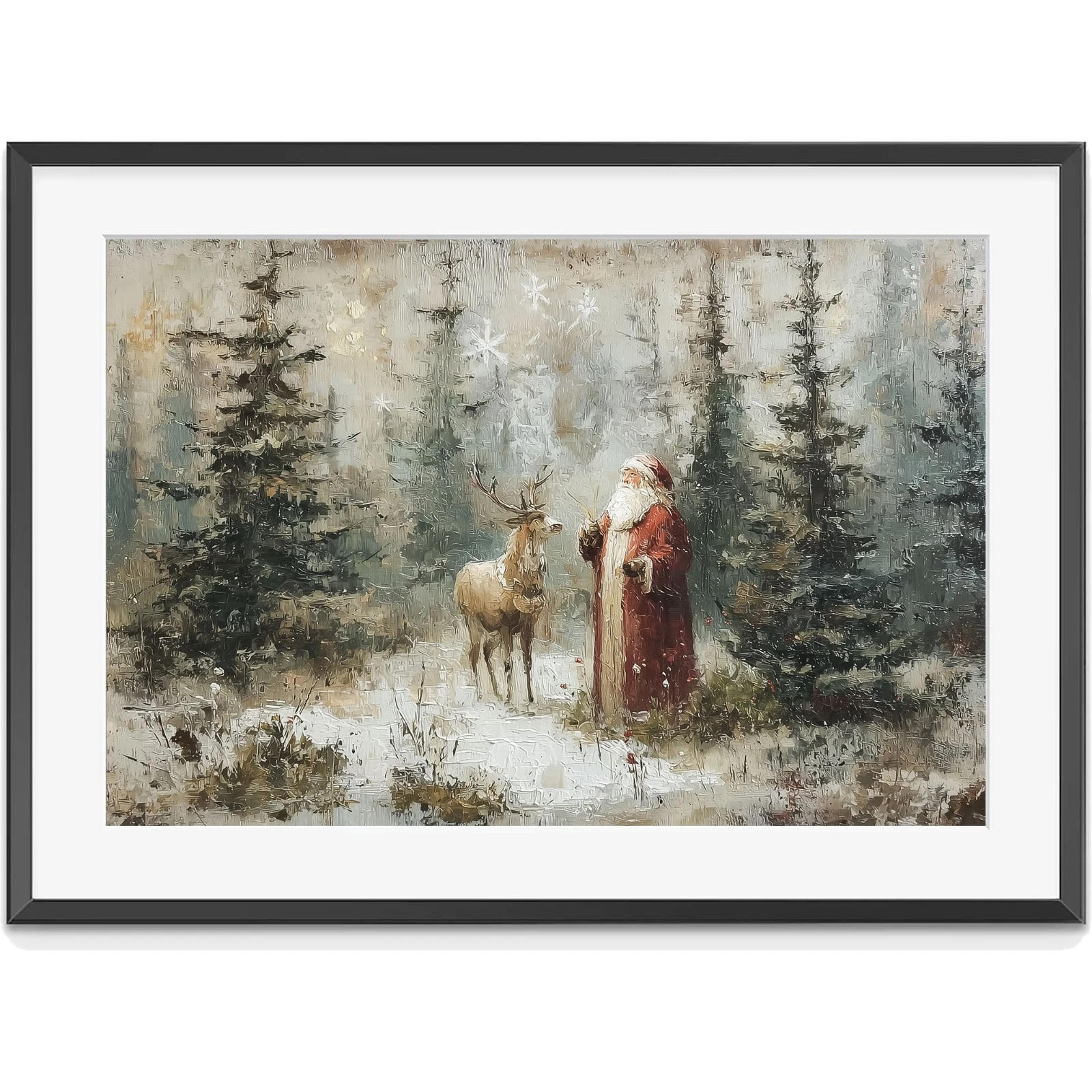 Santa Claus Reindeer Wall Art Print, Forest Snowfall In Winter, Vintage ...