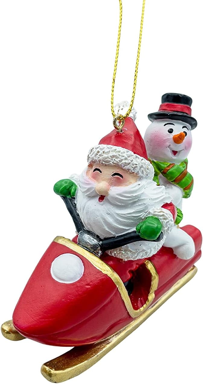Santa Claus Riding A Gold Ski Red Snowmobile Sleigh with Snowman ...