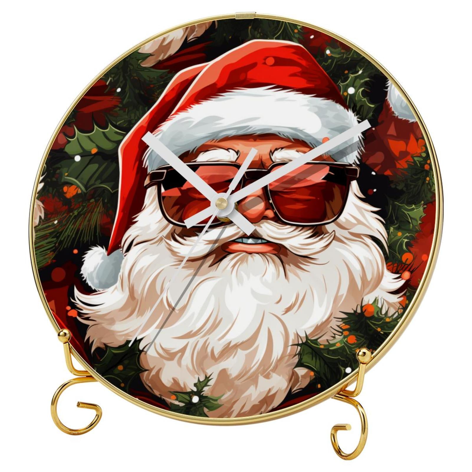 Santa Claus Round Wall Clock with Printed Design, Hooks and Gold Stand ...