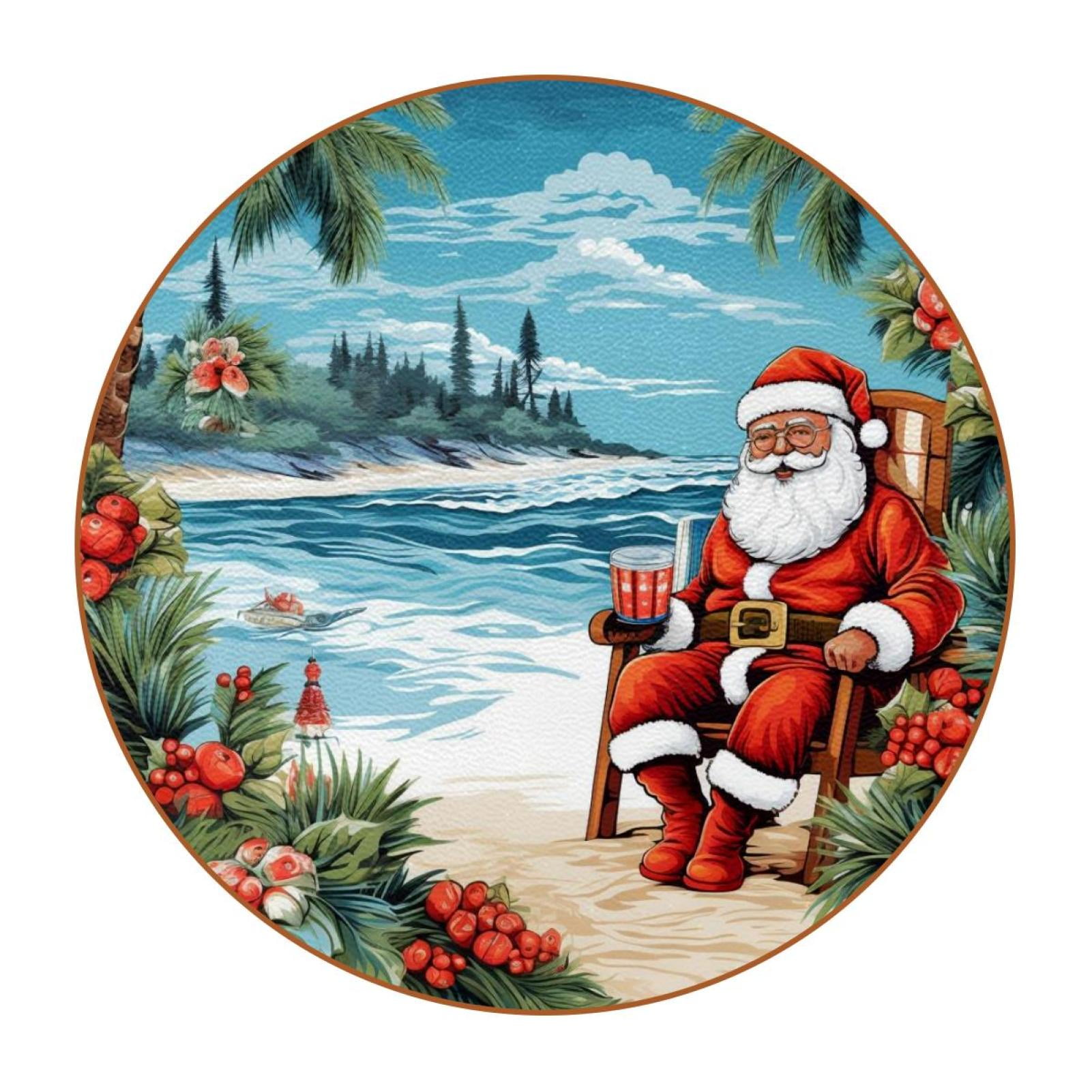 Santa Claus Set of 6 Cool Round Microfiber Leather Coasters, 11x11 cm/4 ...