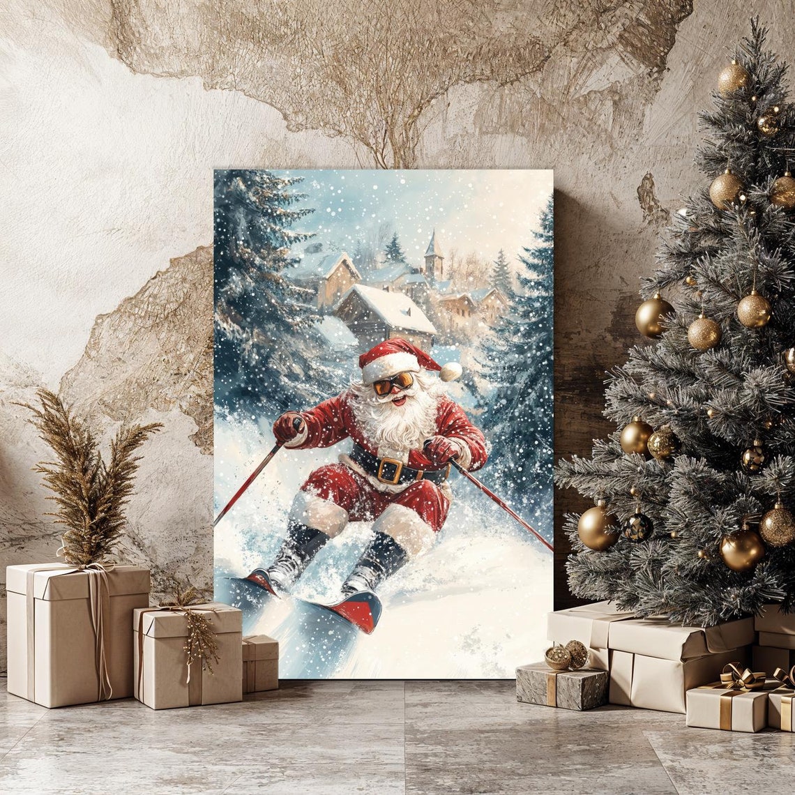 Santa Claus Skiing Adventure Wall Art Cool Santa on Skis Print Fun ...