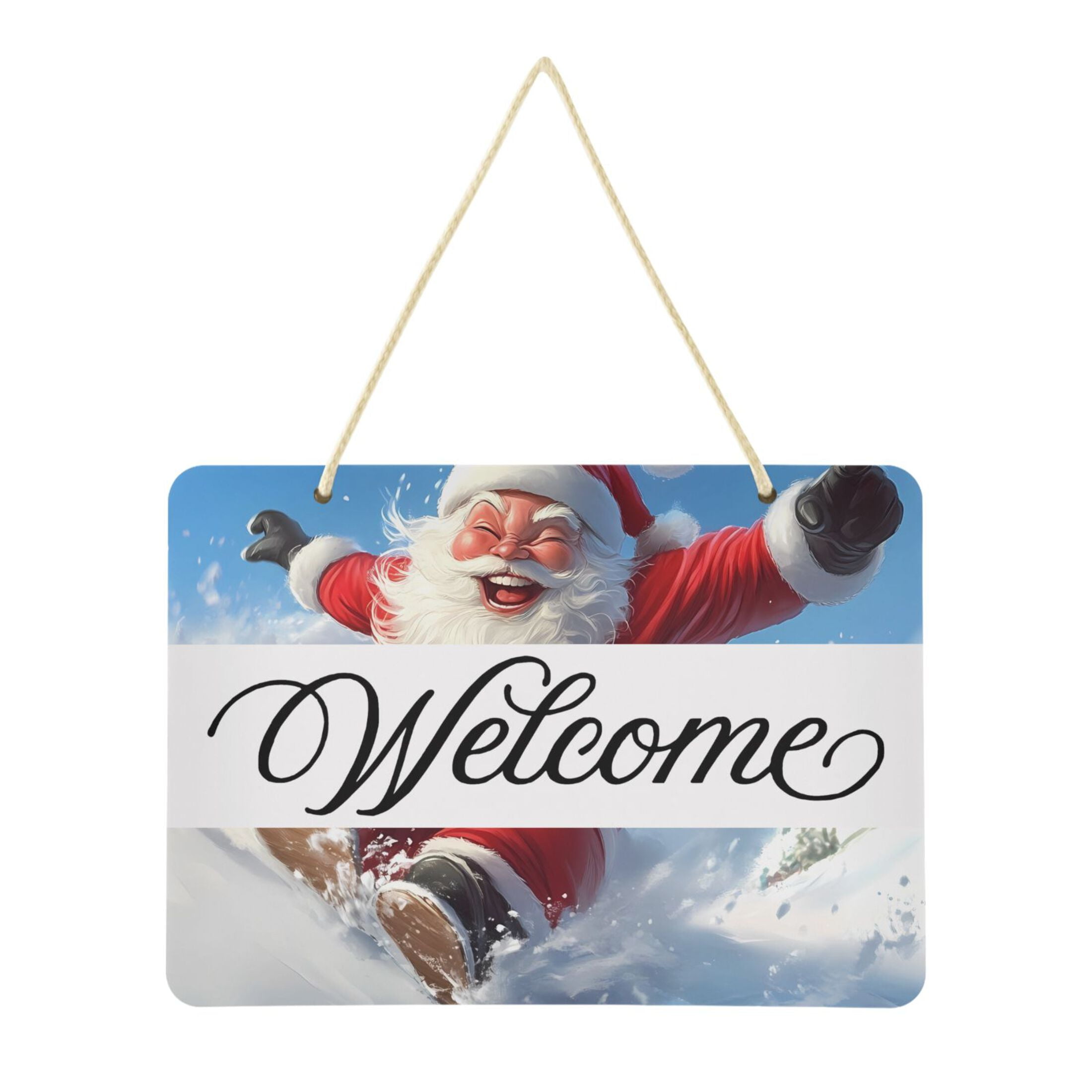Santa Claus Slide Snow Welcome Sign Front Door PVC 14x10 inch Hanger ...