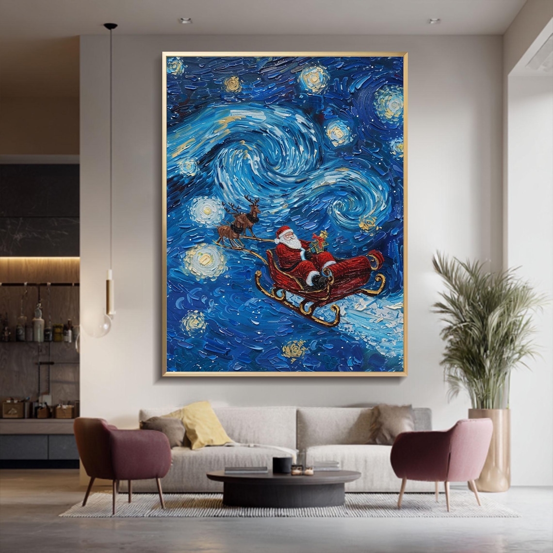 Santa Claus Starry Night Santa Sleigh Reindeers Art Christmas Home ...