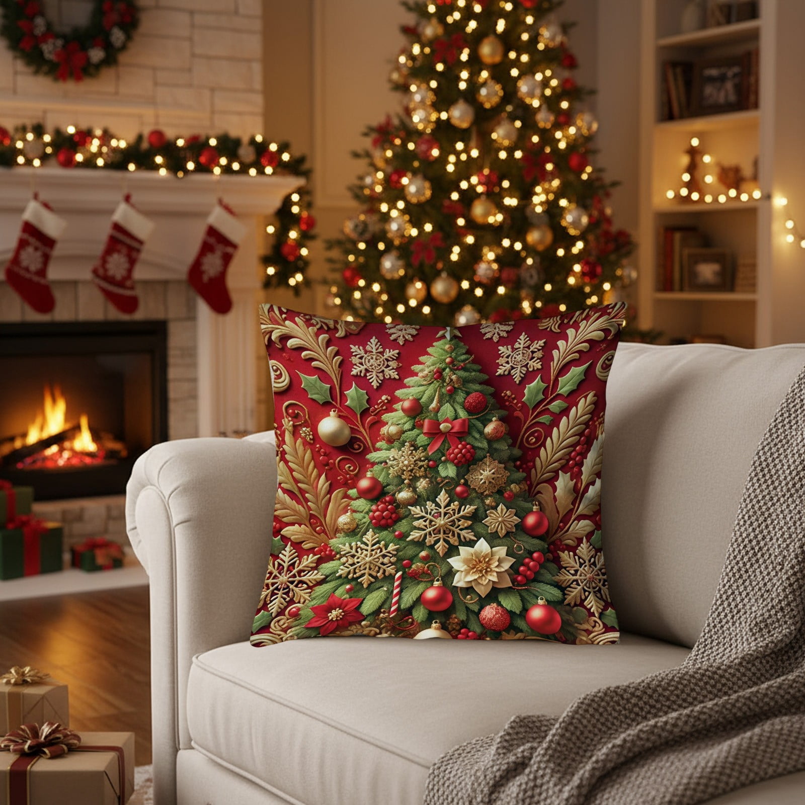 Santa Claus Throw Pillow Case, Holding Gifts with Snowflakes and Holly ...