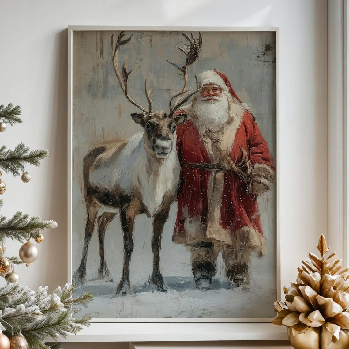 Santa Claus With Reindeer Poster, Classic Wall Art Poster, Home Decor ...
