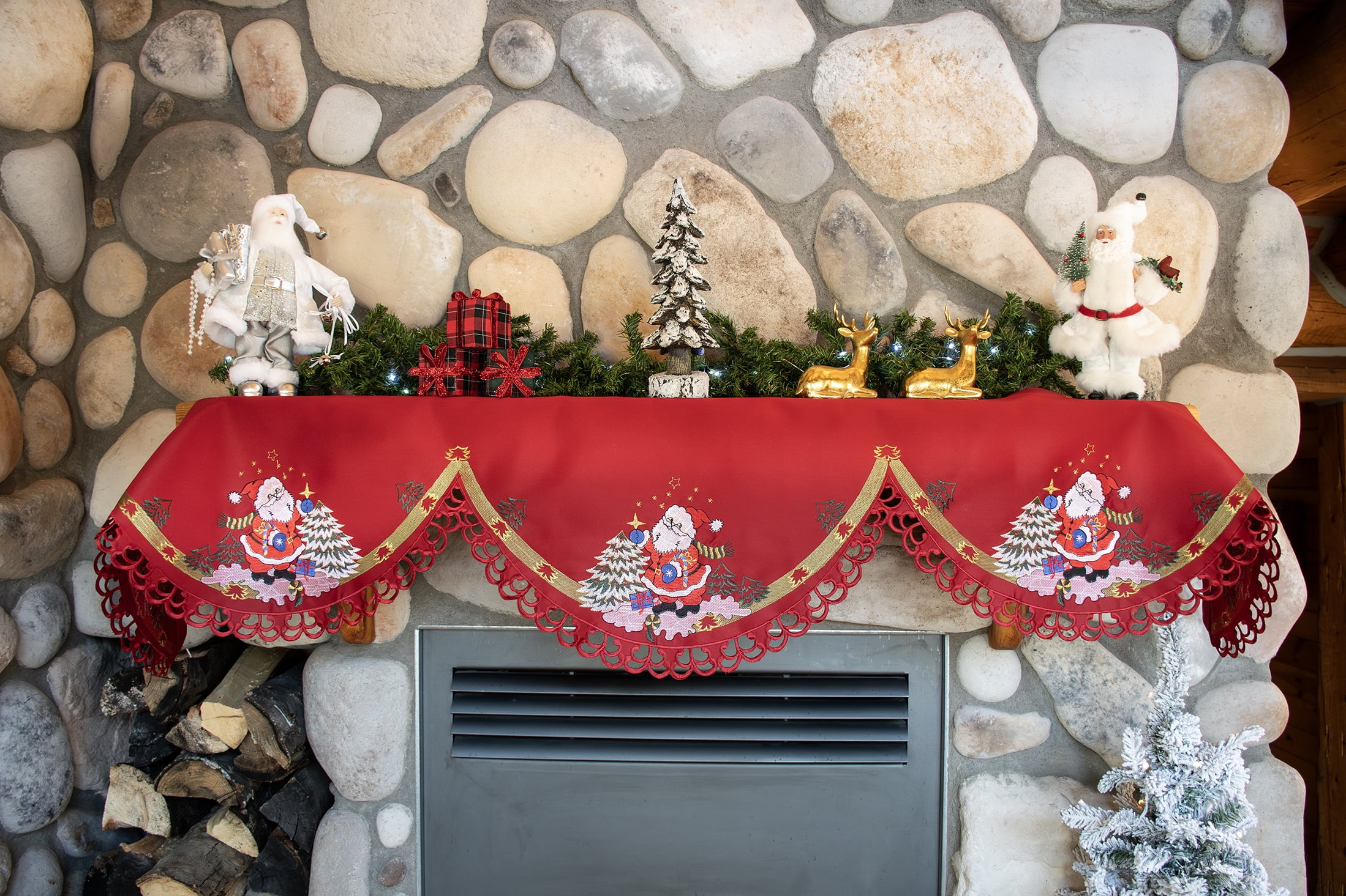 Santa Claus and Christmas Trees on Red Mantel Scarf (19" x 90 ...