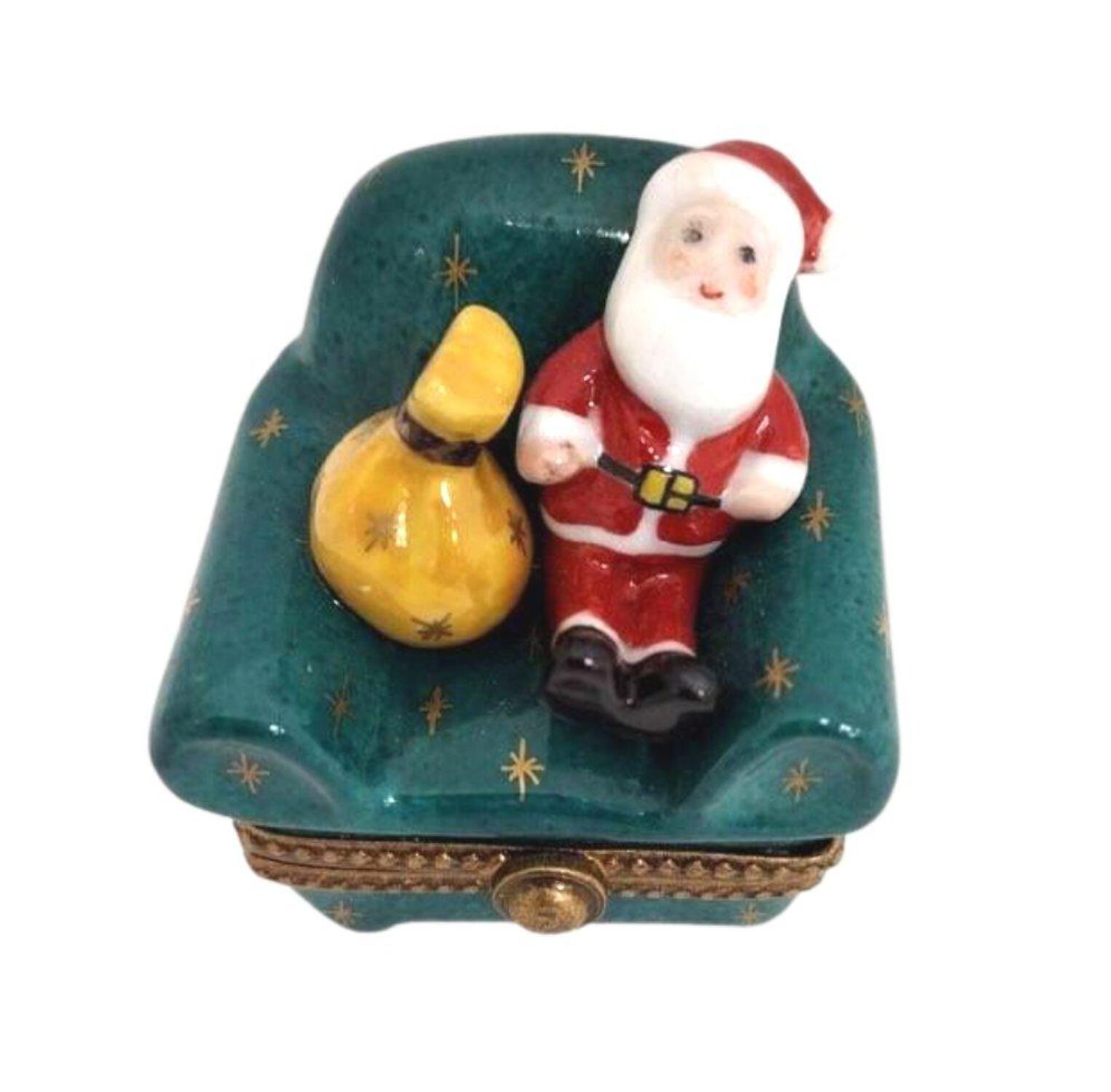 Santa Claus w Bag on Green Christmas Chair Limoges Box Porcelain ...