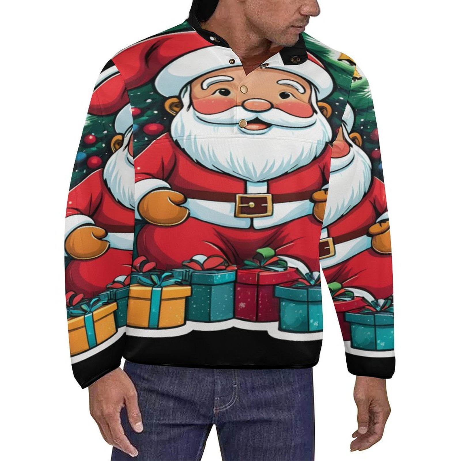 Santa Claus with Gifts Men's Stand Collar Sweater Long Sleeve Clothing ...