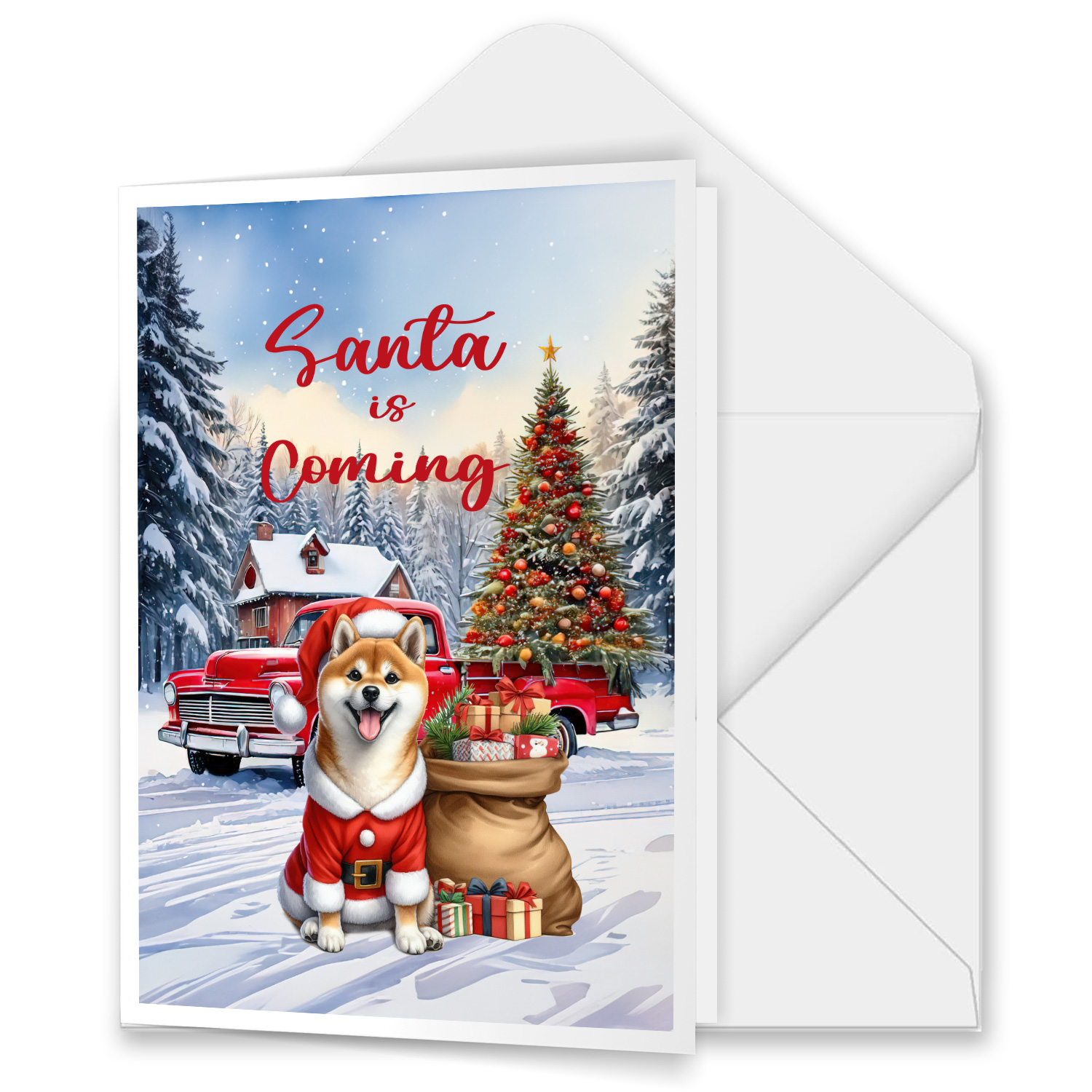 Santa is Coming Shiba Inu Merry Christmas Xmas Noel Truck Tree 5x7in ...