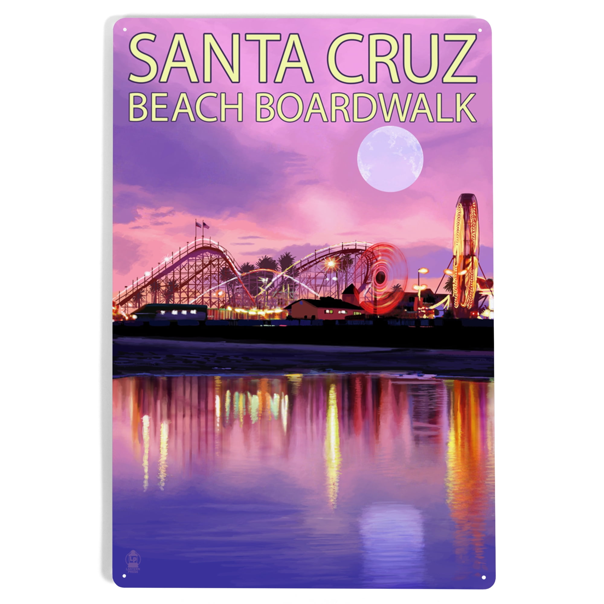 Santa Cruz, California, Beach Boardwalk and Moon at Twilight (12x18 ...